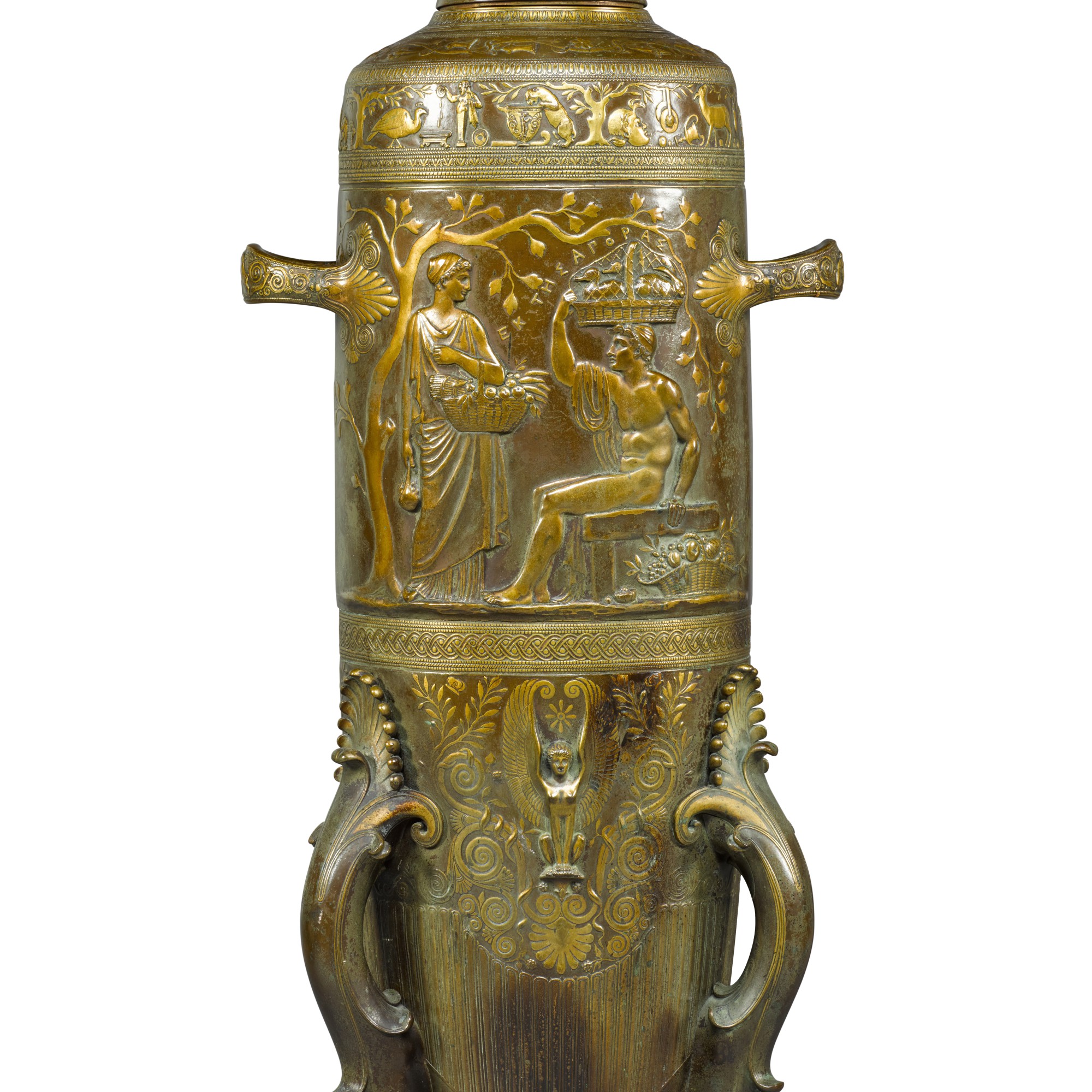 A pair of French neo-grec style patinated bronze amphora vases, late ...