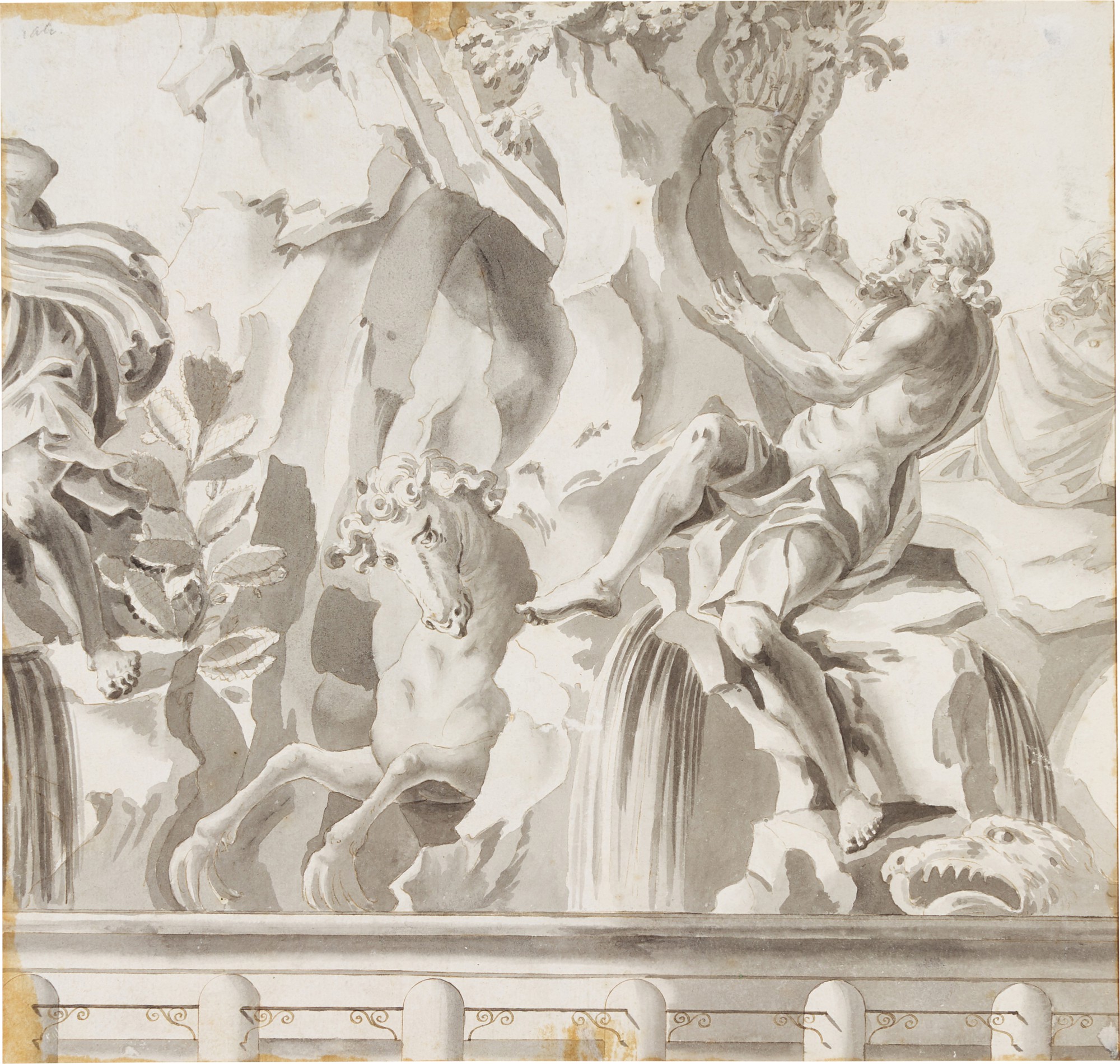 Recto: Figures amongst Roman ruins Verso: Design for a fountain with ...