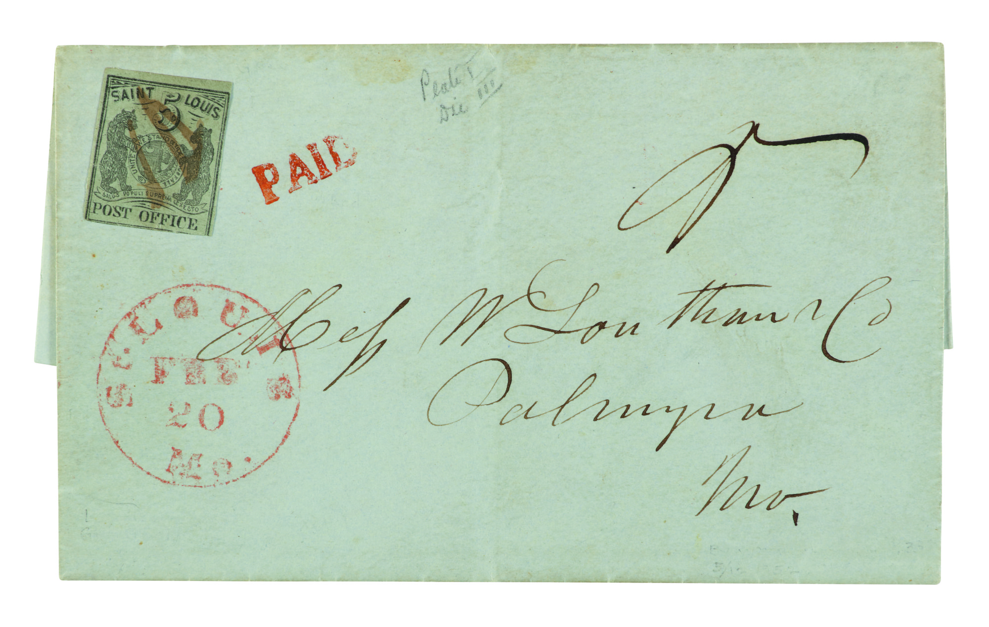 Postmaster’s Provisional, St. Louis, MO. 1845 5c Black on greenish ...