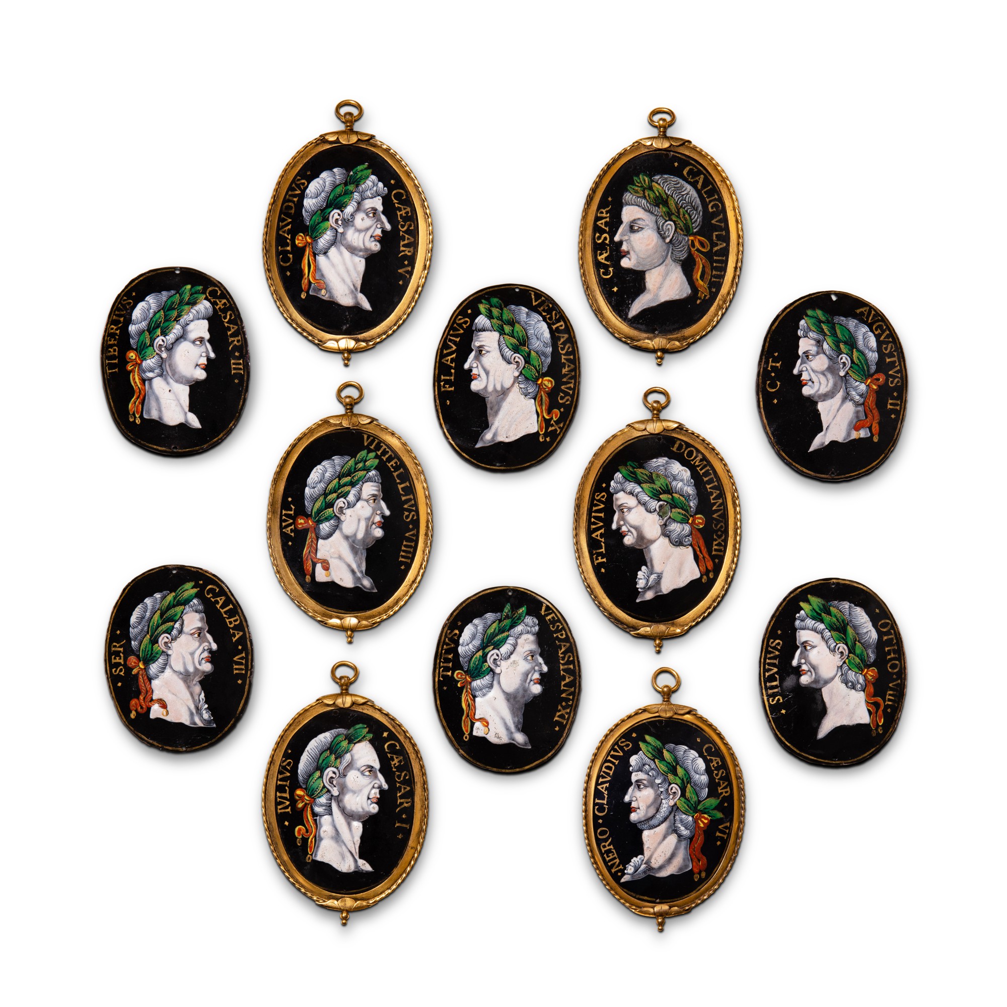 Twelve Limoges oval painted enamel ovals of the Twelve Caesars ...