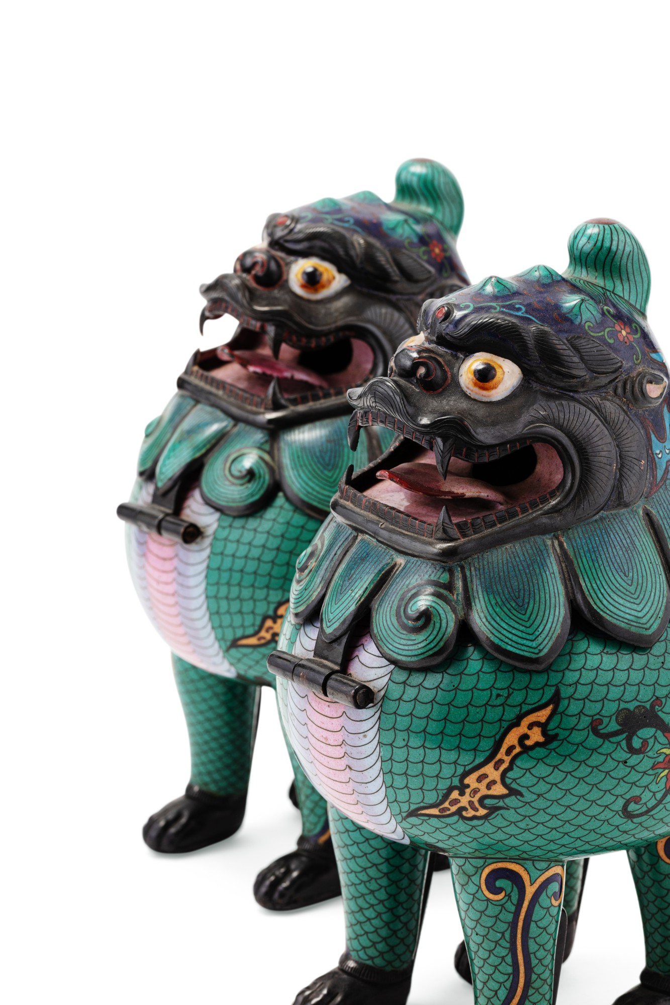 Two unusual bronze and cloisonné-enamel 'Luduan' incense burners 20th ...