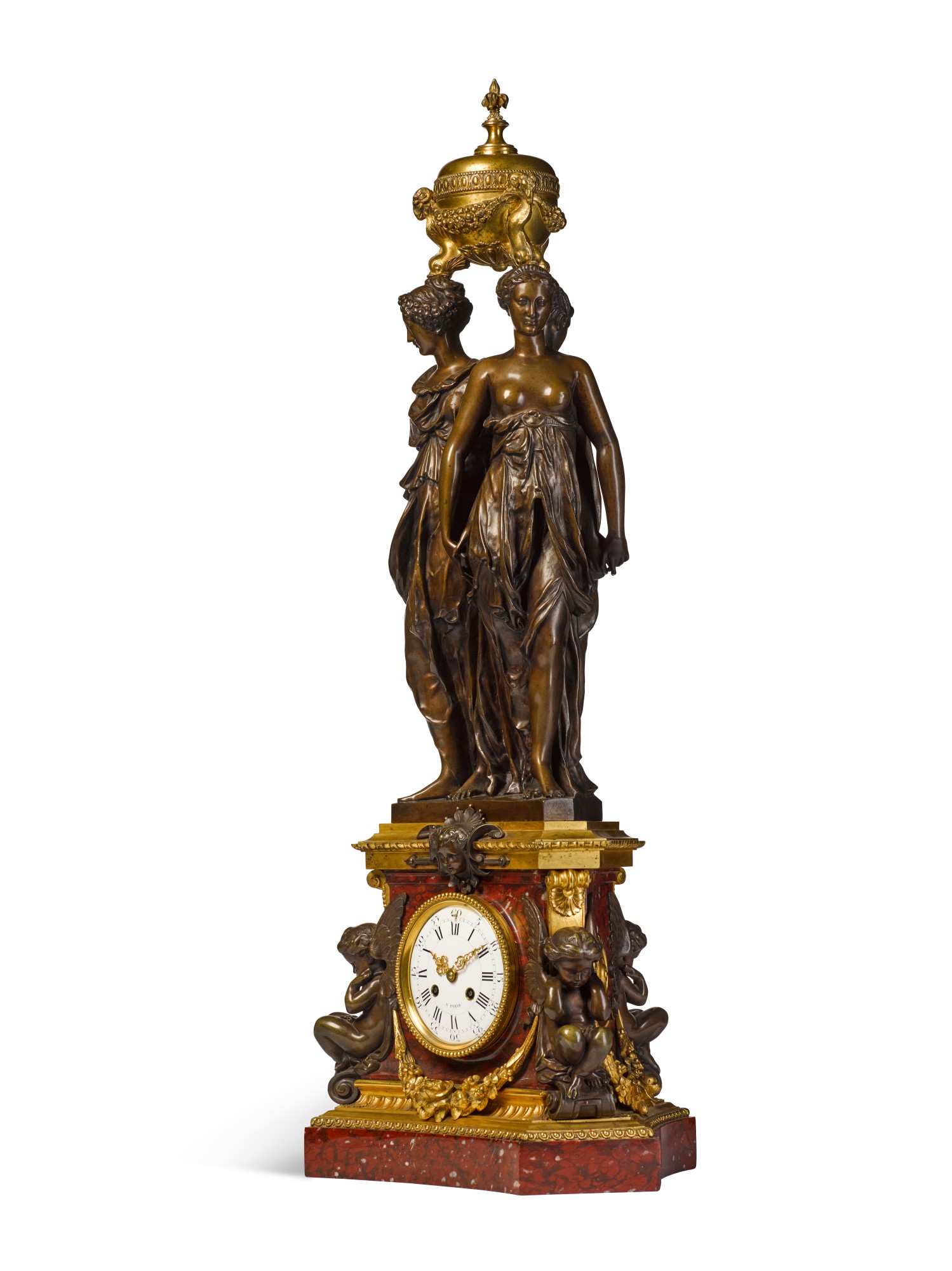 A PATINATED BRONZE AND GRIOTTE MARBLE 'THREE GRACES' CLOCK, BY VICTOR ...