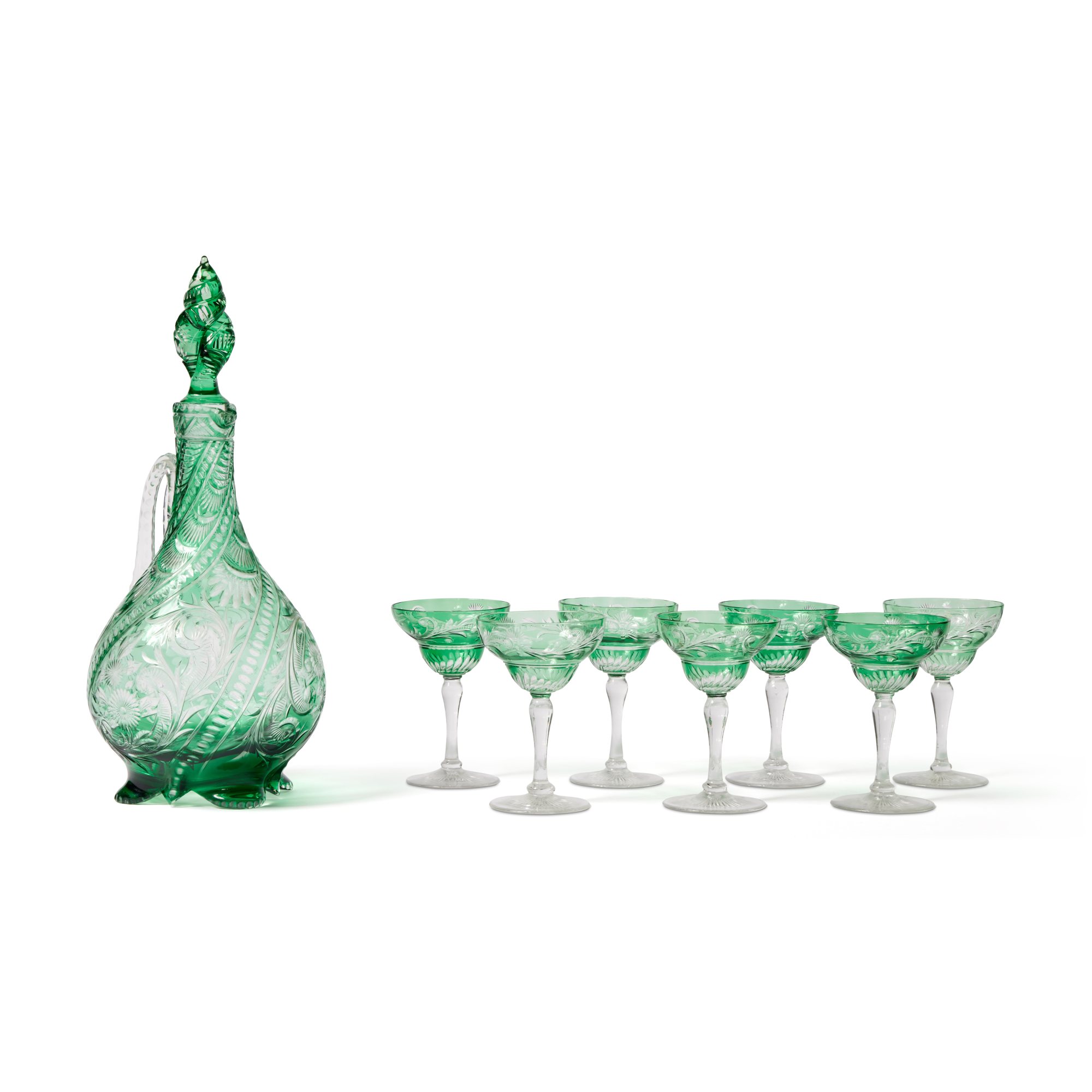 A Stevens and Williams Intaglio-Cut Green Glass Decanter and Stopper ...