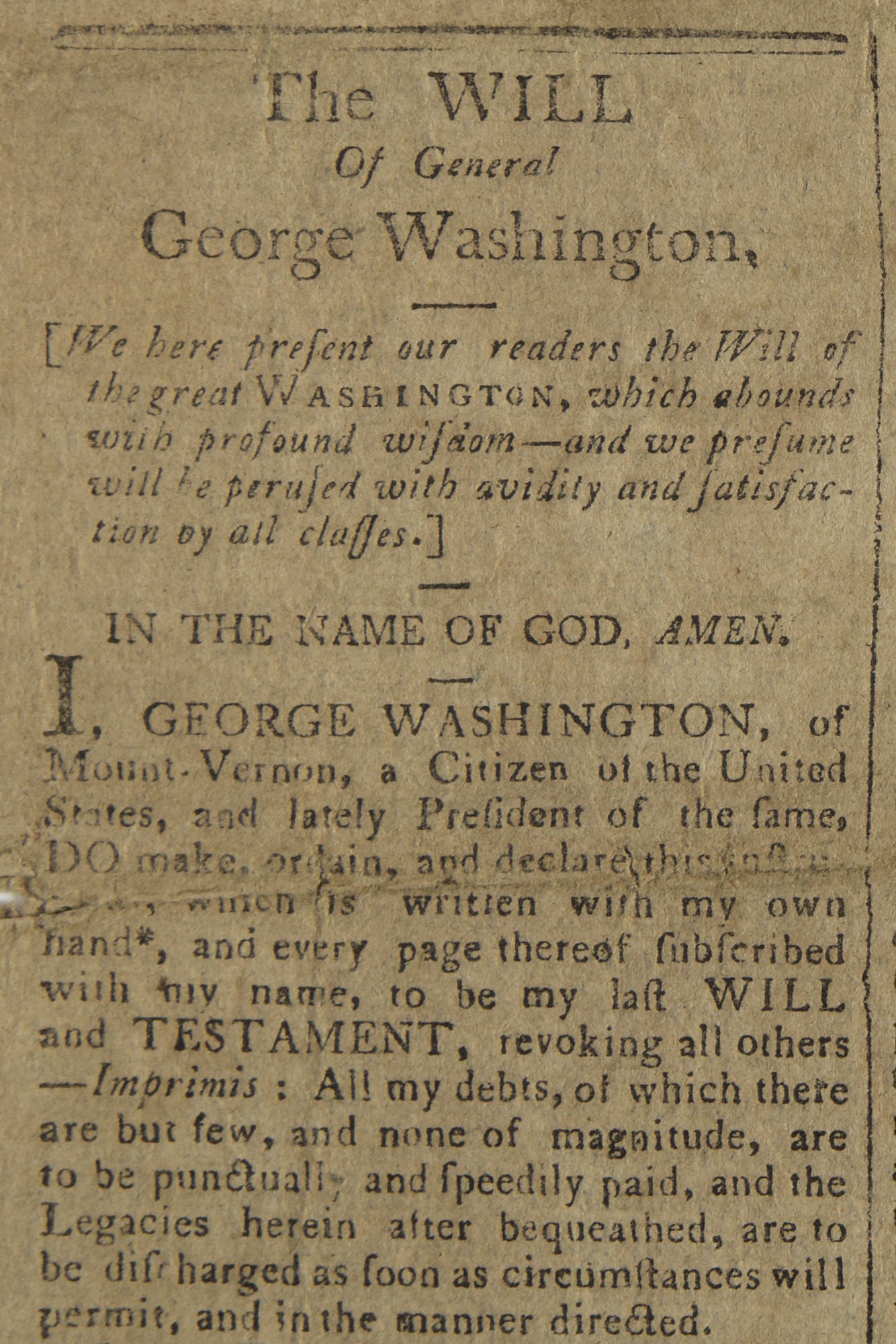 WASHINGTON, GEORGE | "The Will of General George Washington" in The ...