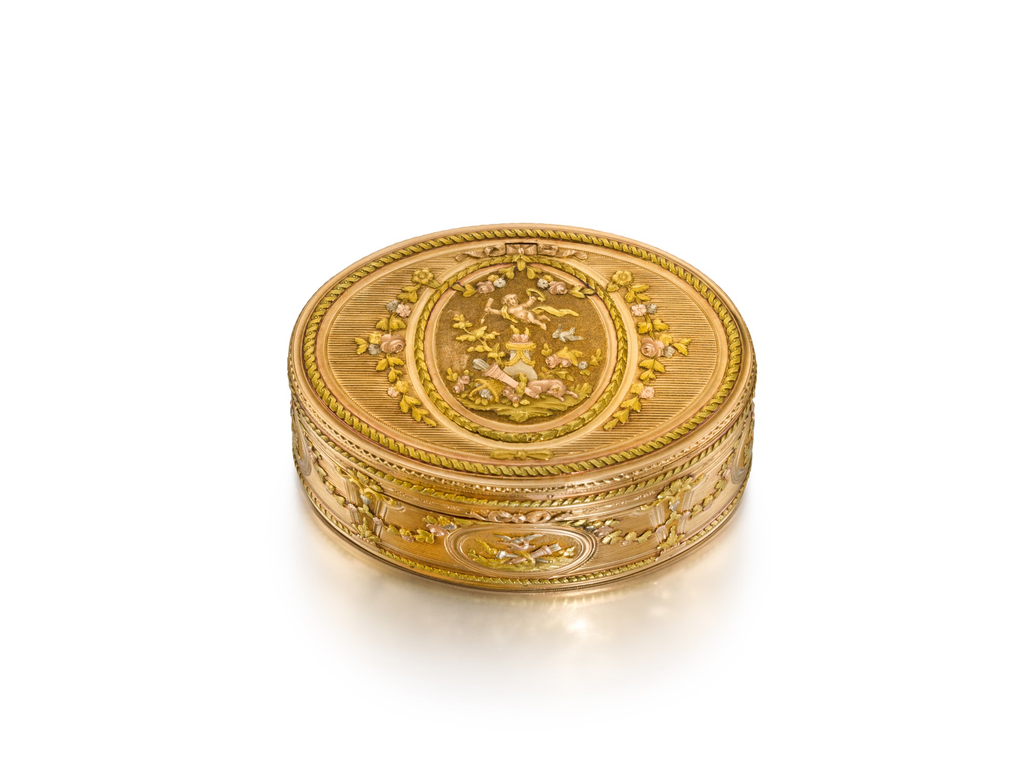 A four-colour gold box with concealed timepiece and miniature, probably ...