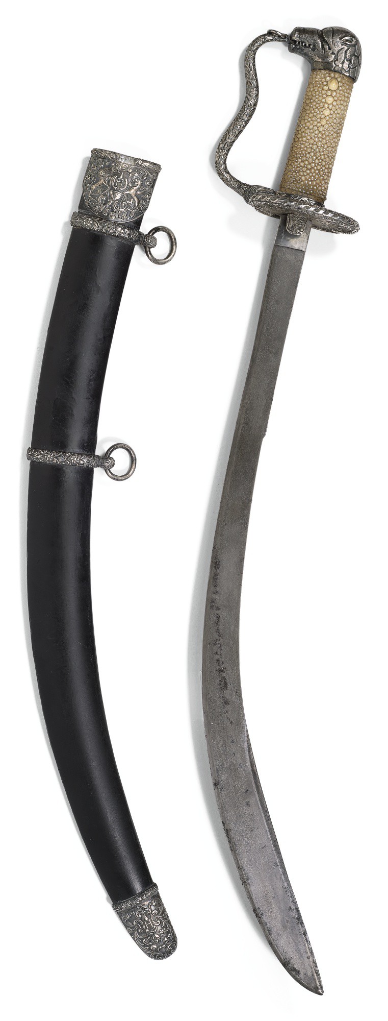 A SWORD (CUTLASS) WITH SHAGREEN HILT AND SILVER MOUNTS AND SCABBARD ...