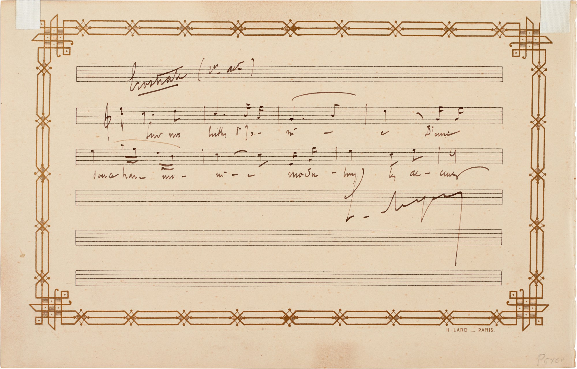 G. Verdi. Autograph musical quotation signed, of 'Tutto nel mondo è ...