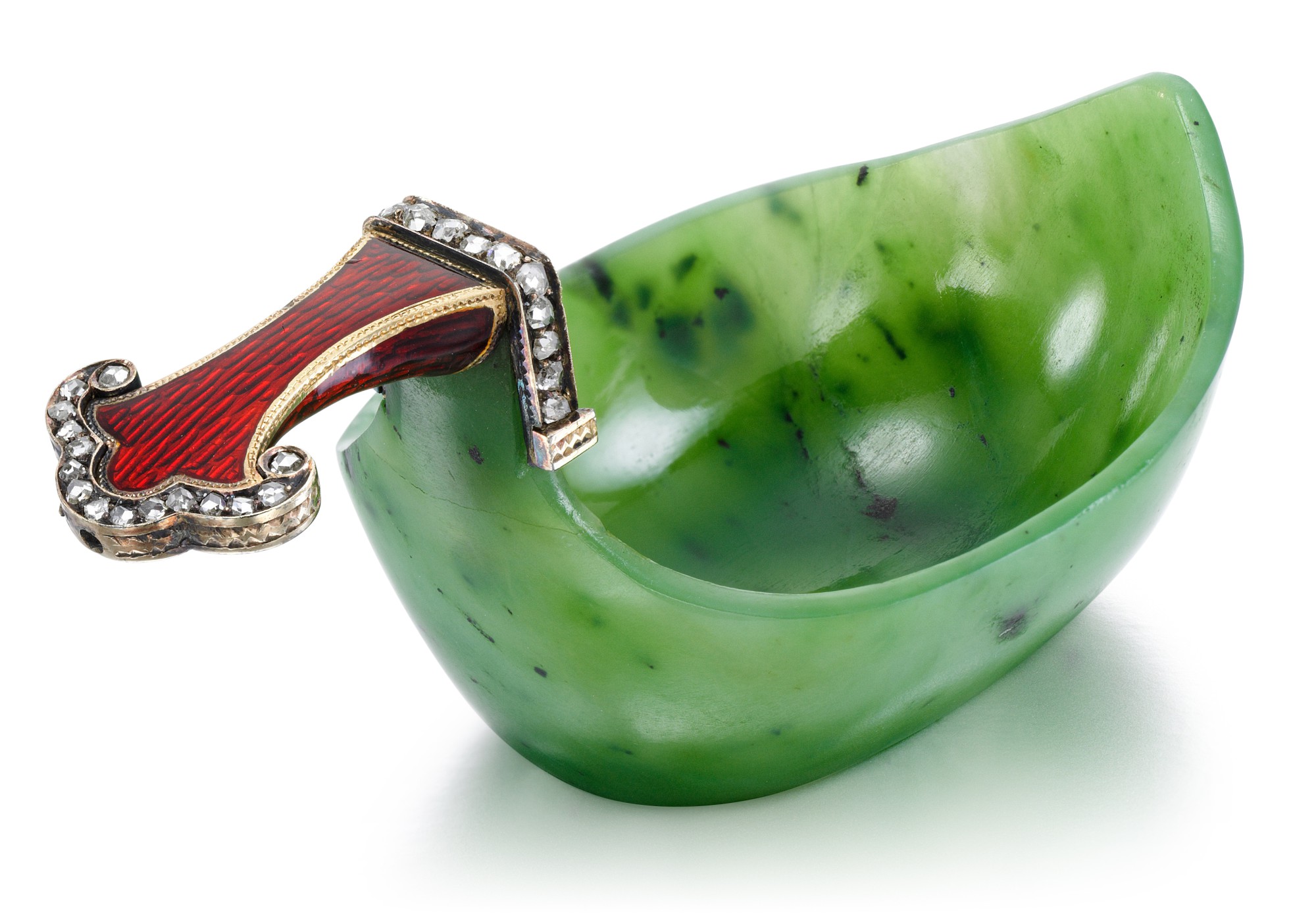 An important Fabergé miniature jewelled, nephrite and guilloché enamel ...