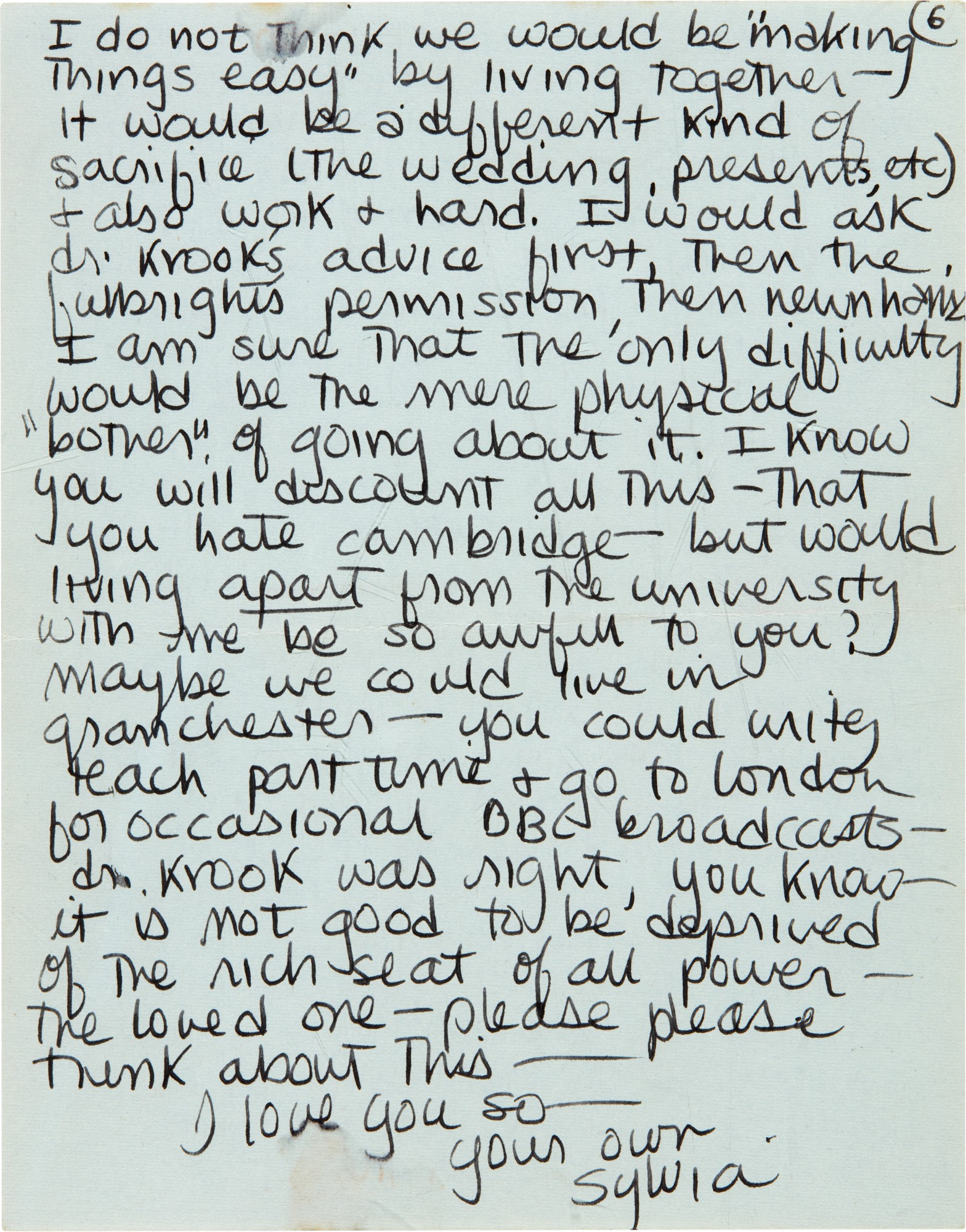 Sylvia Plath | Autograph letter signed, to Ted Hughes, "it is simple a ...