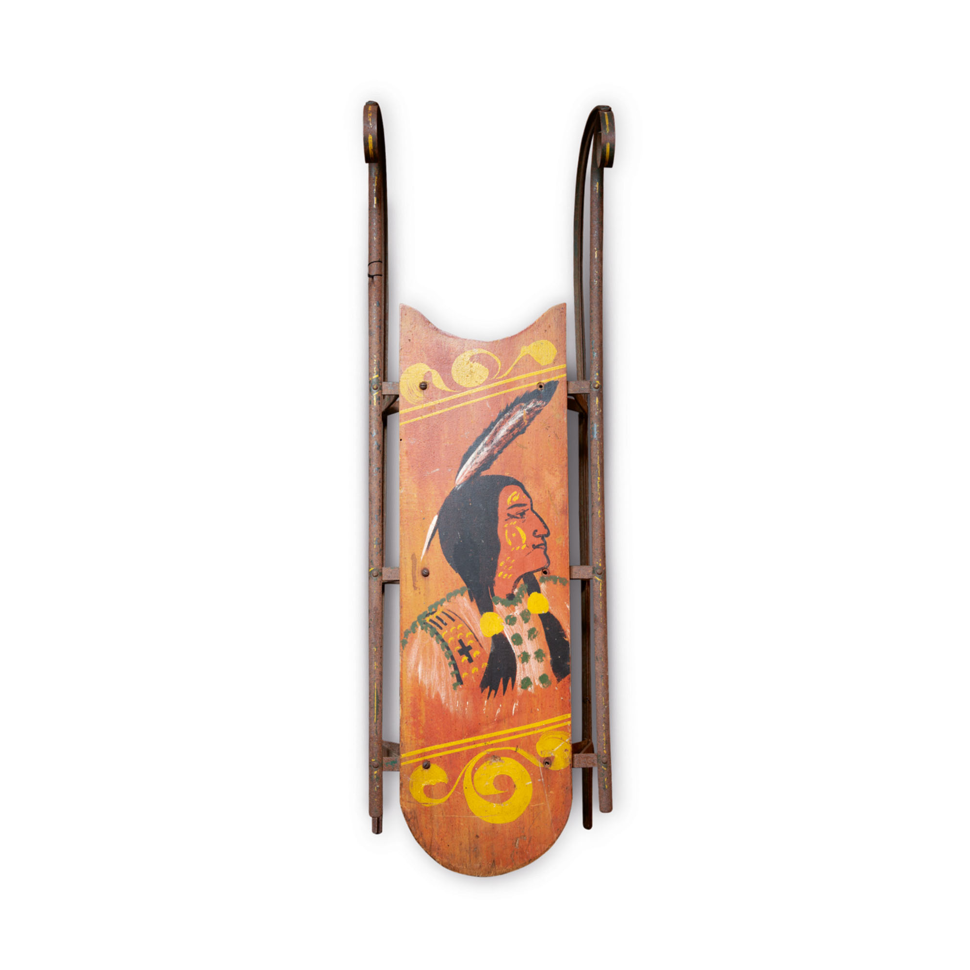 CHILD'S RED AND POLYCHROME PAINT-DECORATED WOOD SLED WITH NATIVE ...