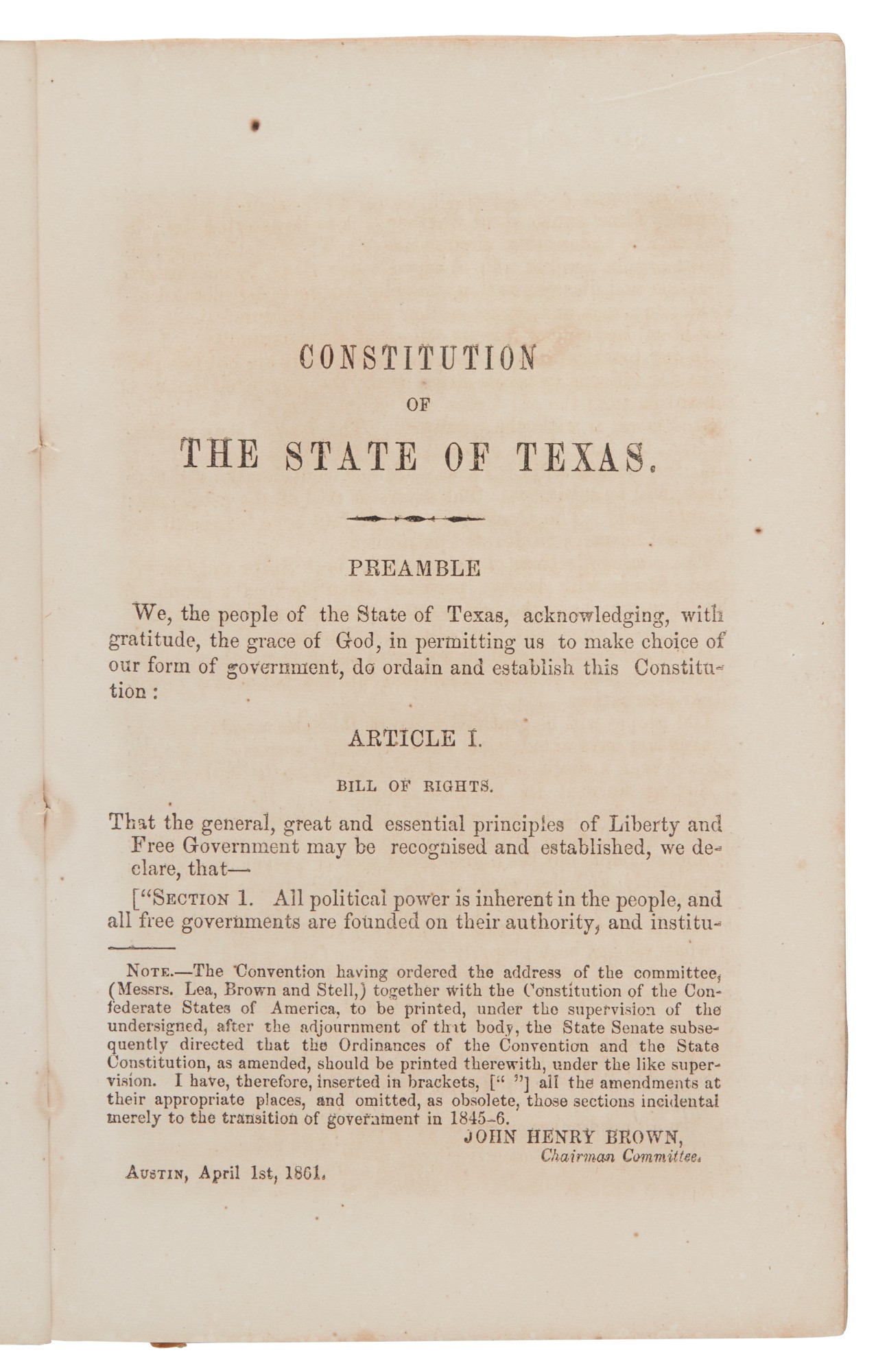 Texas | The secession constitution, the Constitution of the Confederate ...
