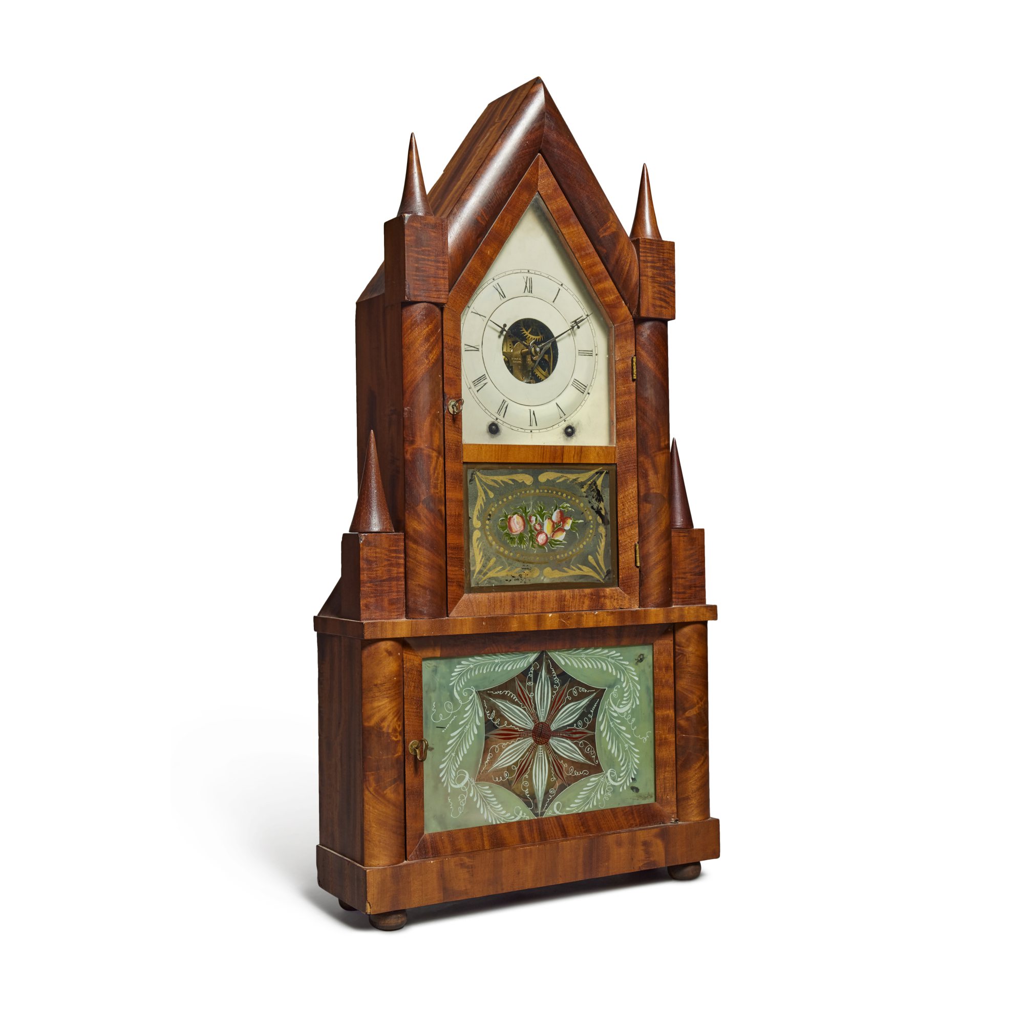 A Classical Églomisé and Figured Mahogany Wagon Spring Double-Steeple ...