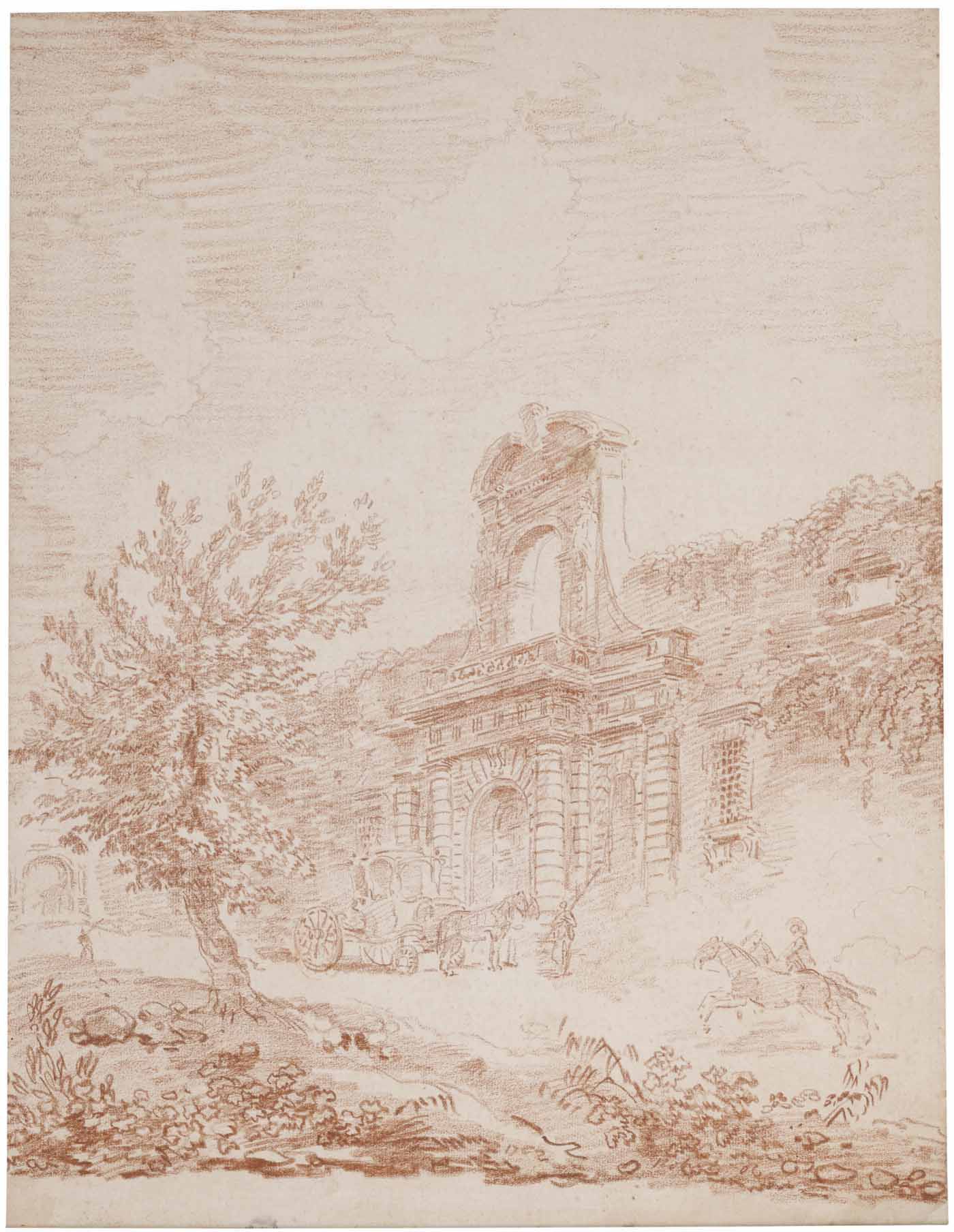HUBERT ROBERT | VIGNOLA'S GATE TO THE FARNESE GARDENS, ROME, WITH A ...