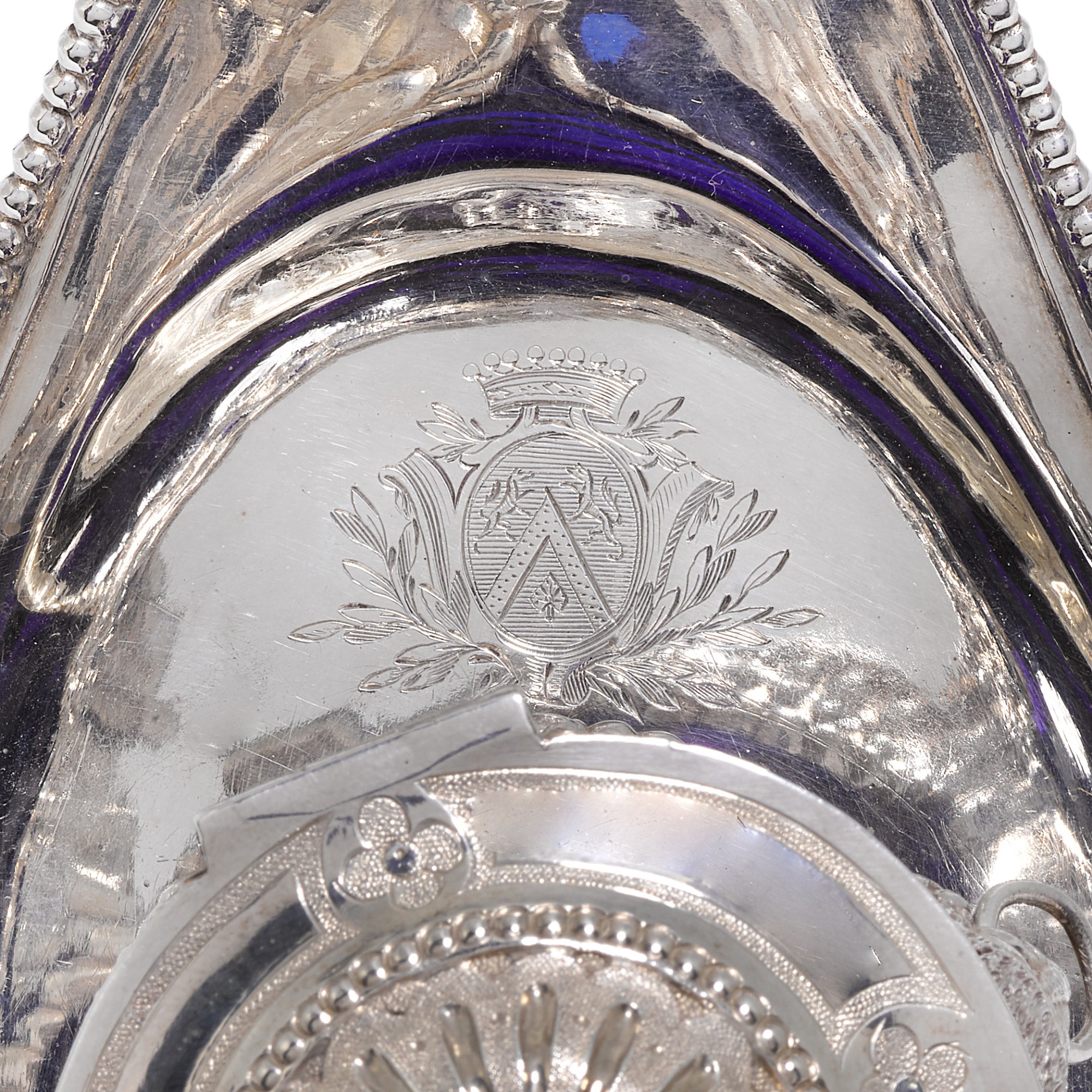 A pair of French silver mustard pots, stands and spoons in fitted case ...