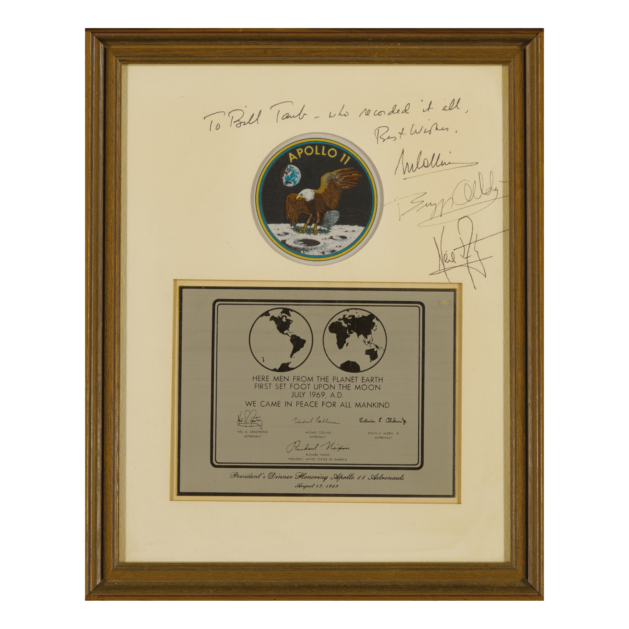 [APOLLO 11]. PRESIDENT'S DINNER COMMEMORATIVE PLAQUE, SIGNED BY THE ...