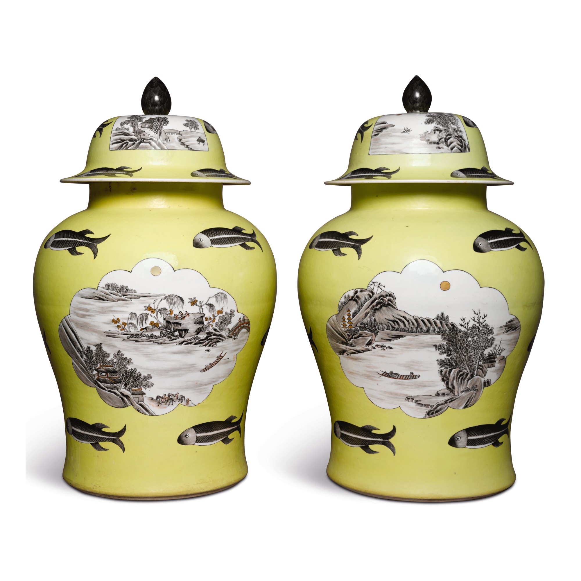 A PAIR OF CHINESE YELLOW-GROUND 'FISH' VASES AND COVERS, 20TH CENTURY ...
