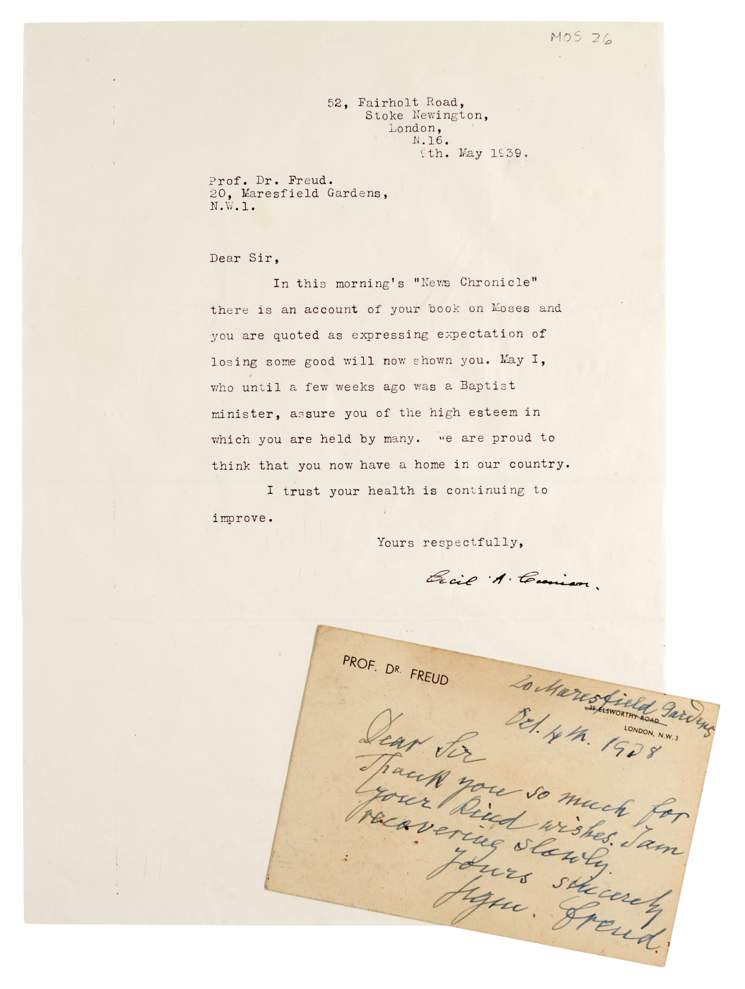 S. Freud. Autograph note signed, 4 October 193[9] | Important ...
