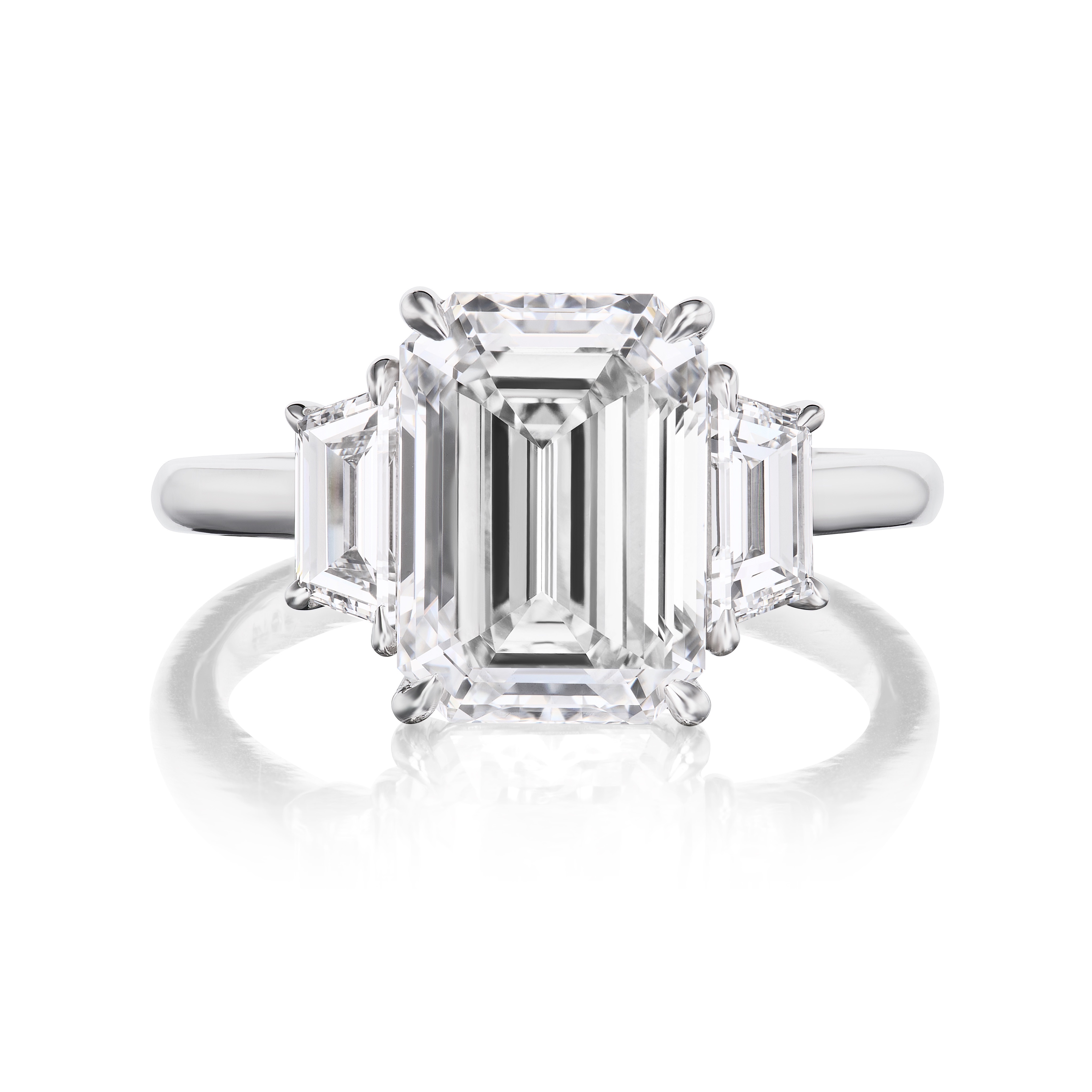 Platinum And 4.02ct Emerald Cut Diamond And Diamond Three Stone ...