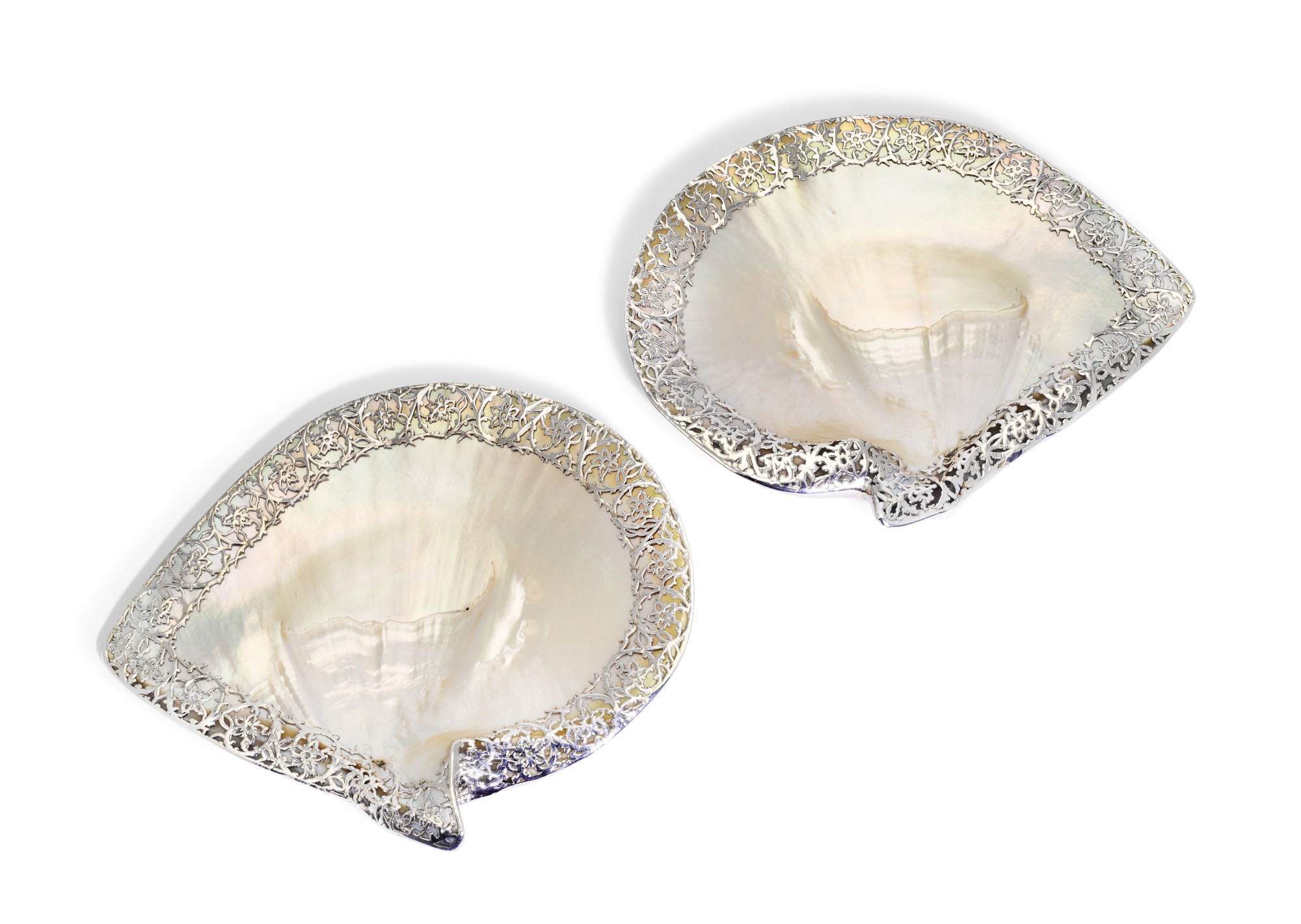 A pair of large Victorian silver-mounted oyster shells and silver ...