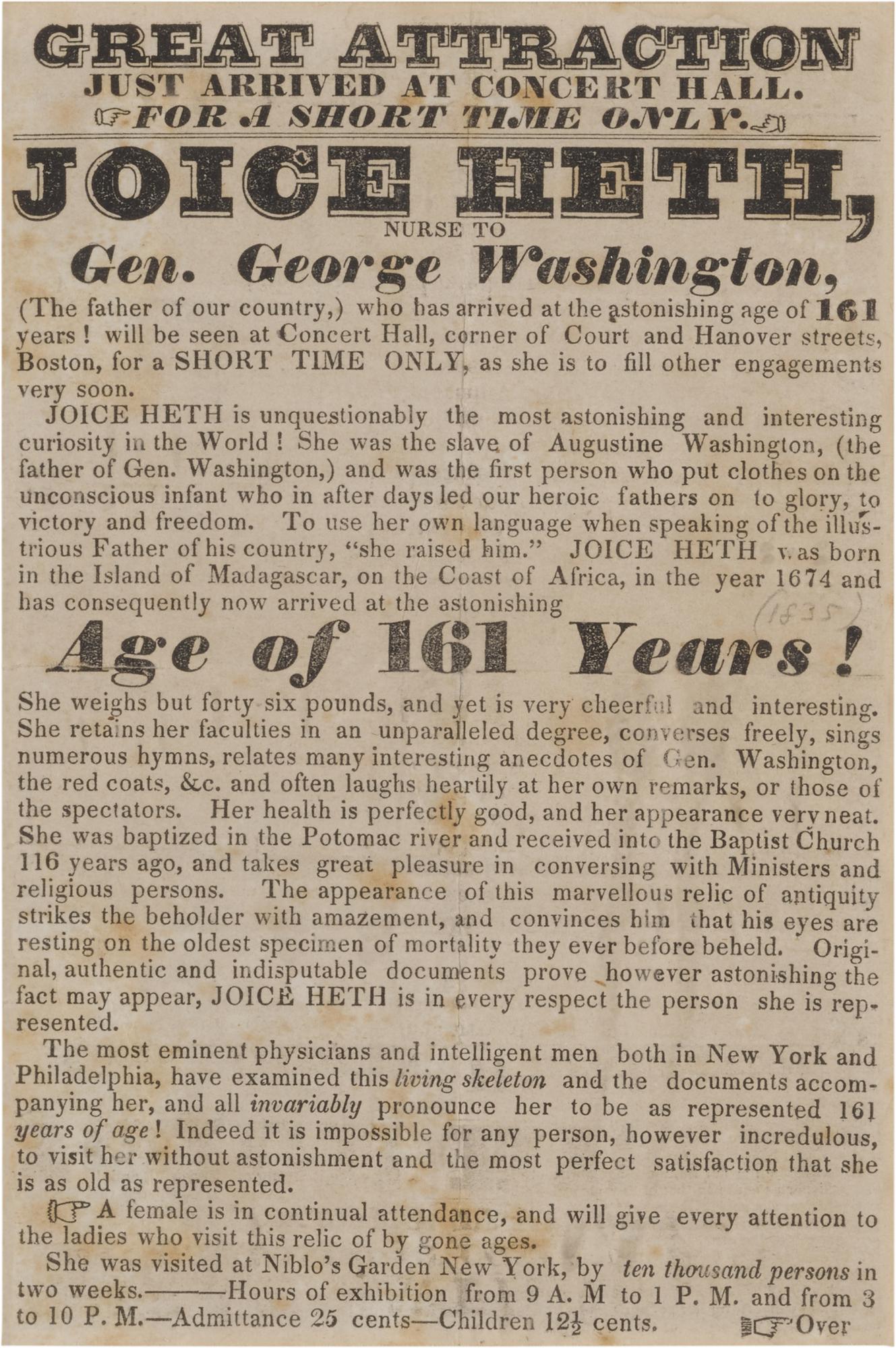 Heth, Joice | P.T. Barnum's first humbug | Barnebys