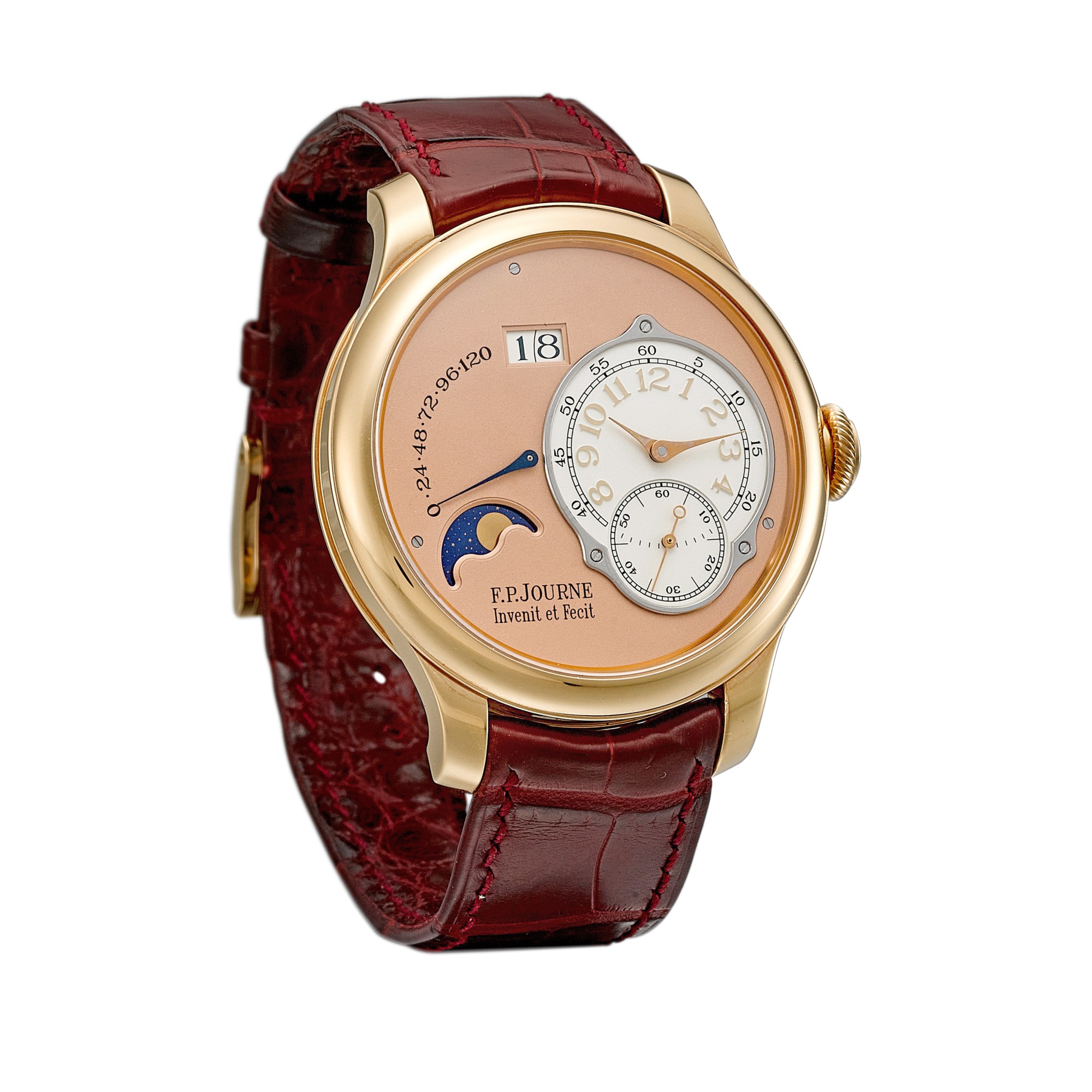 Octa Lune | A pink gold wristwatch with date, moon phases and power ...
