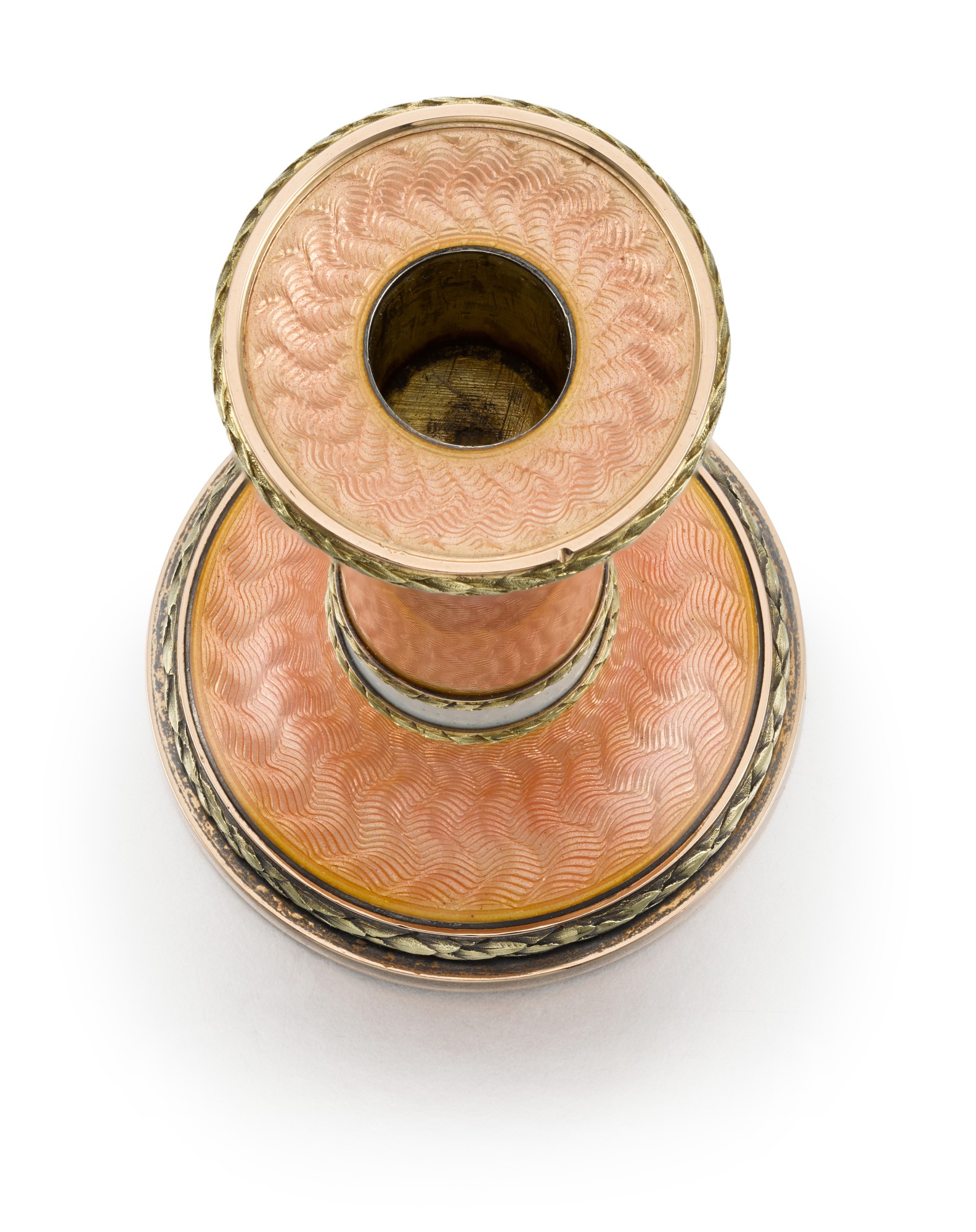 A Fabergé gold-mounted guilloché enamel candle stick, workmaster Feodor ...
