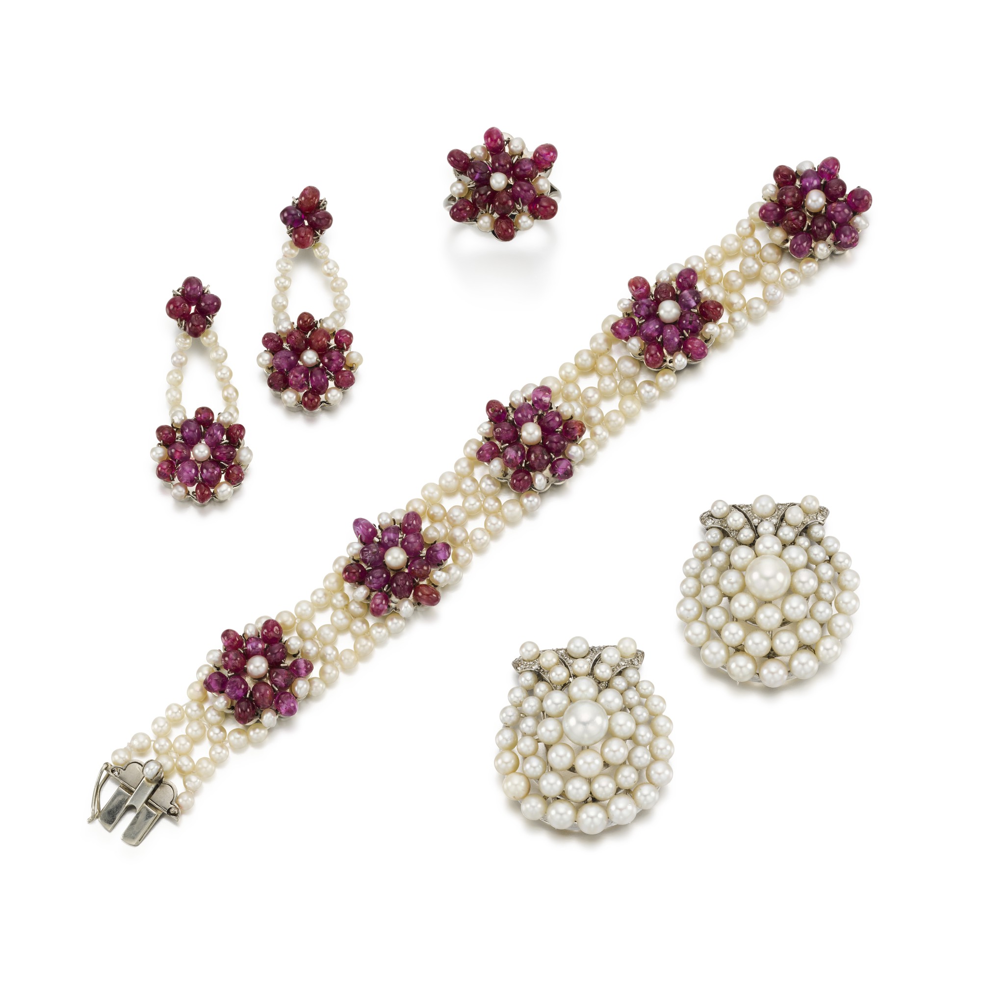 Ruby and seed pearl parure and a pair of pearl double clips | Fine ...