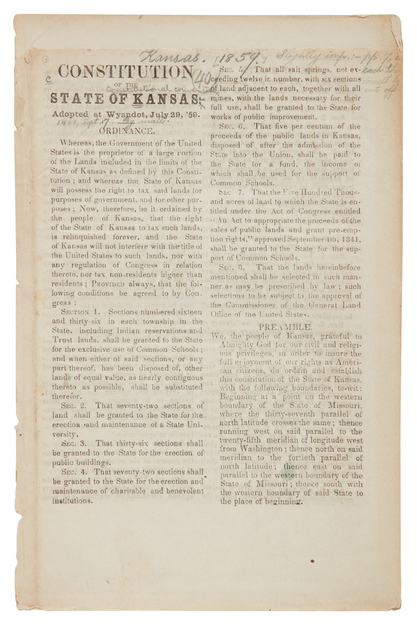 Kansas | The Wyandot Constitution of free Kansas | Making Our Nation ...