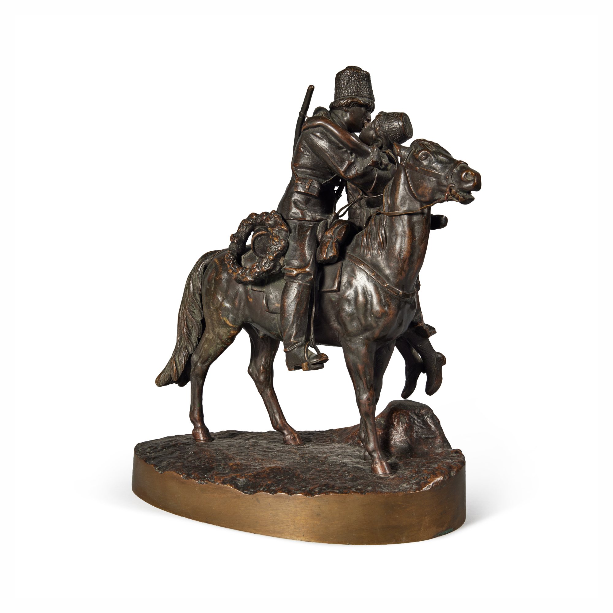 A Patinated Bronze Equestrian Group, "The Cossack's Kiss" After ...