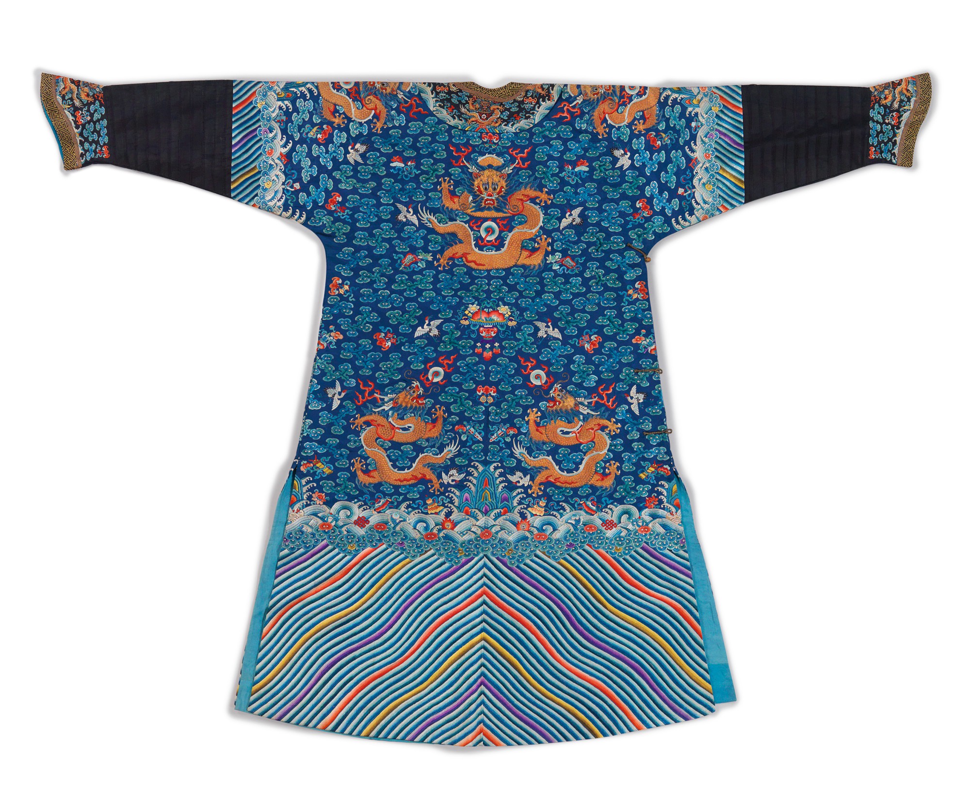 Two blue-ground silk embroidered 'dragon' robes, Late Qing dynasty ...