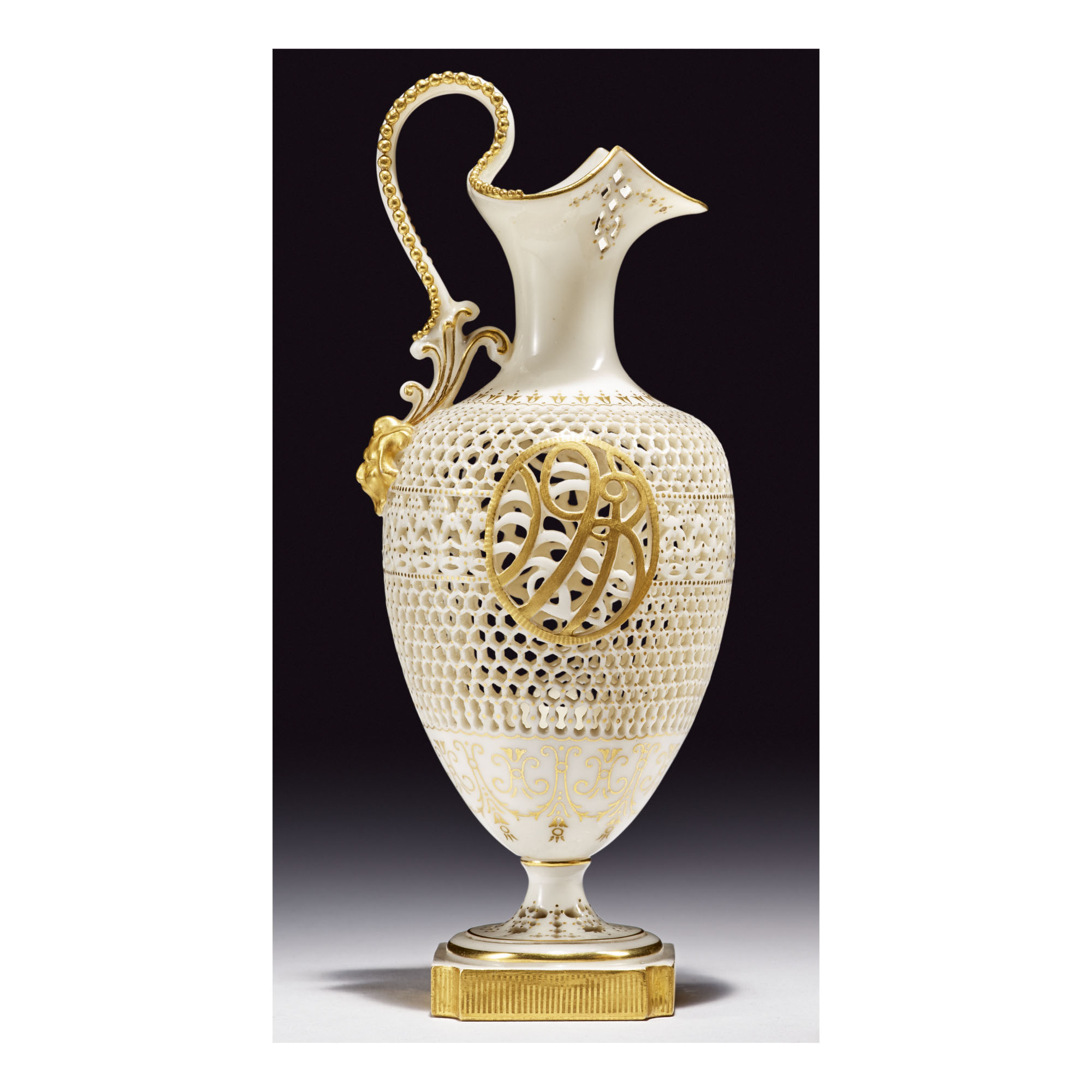 A RARE ROYAL WORCESTER RETICULATED PORCELAIN EWER BY GEORGE OWEN 1913 ...
