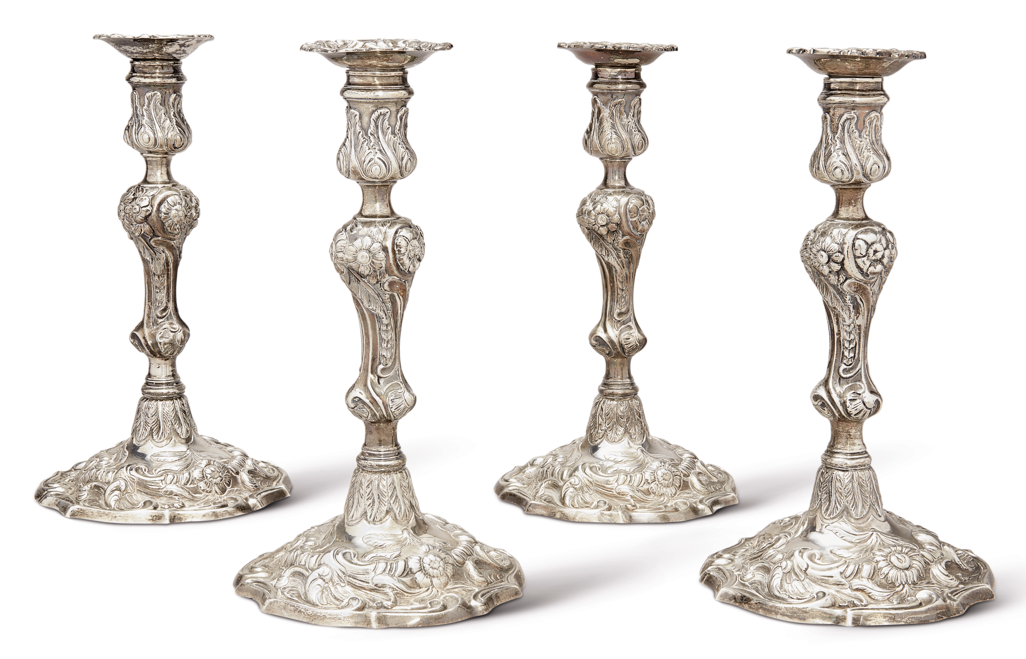 A SET OF FOUR GEORGE III SILVER CANDLESTICKS, EBENEZER COKER, LONDON ...