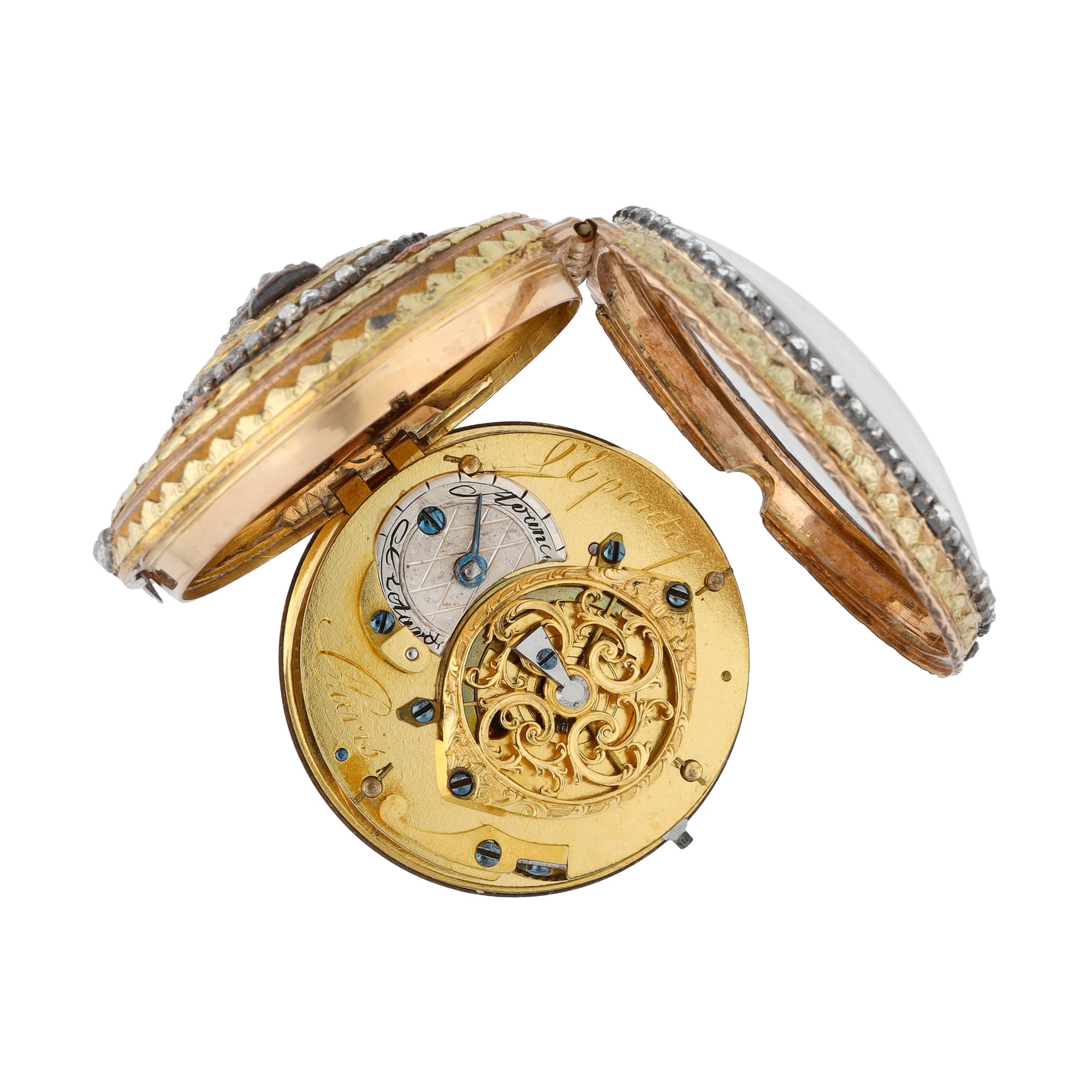 A vari-colour gold and diamond-set verge watch with matching vari ...