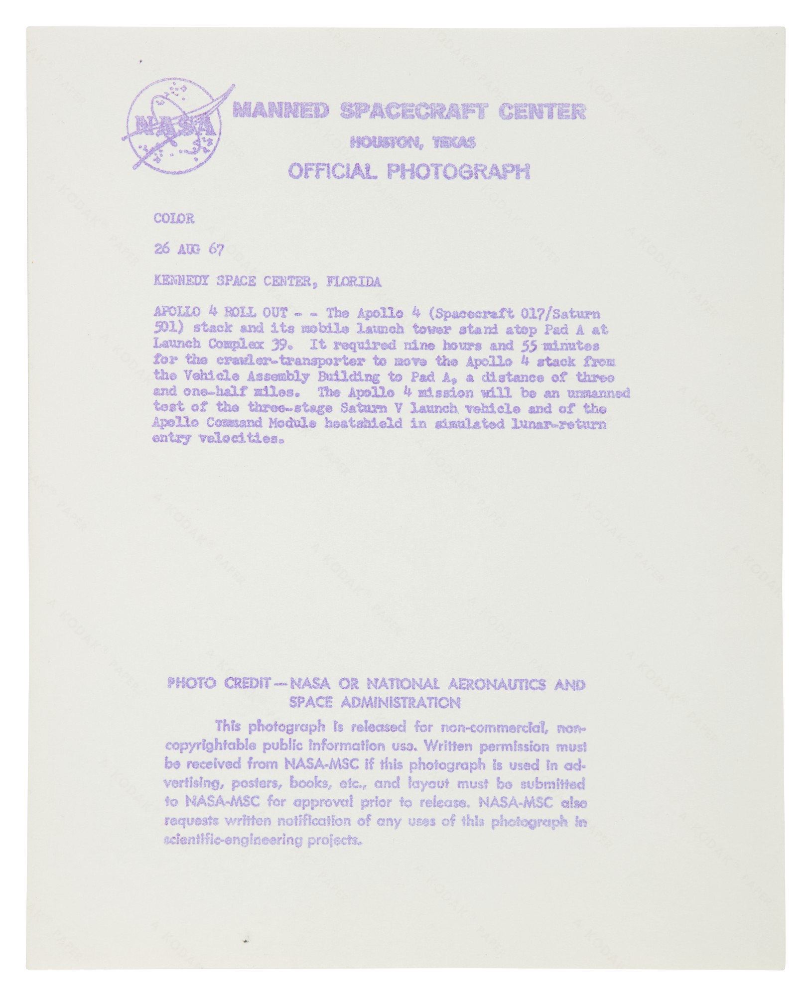 [APOLLO 4] ROLL OUT. VINTAGE NASA "RED NUMBER" PHOTOGRAPH, 26 AUGUST ...