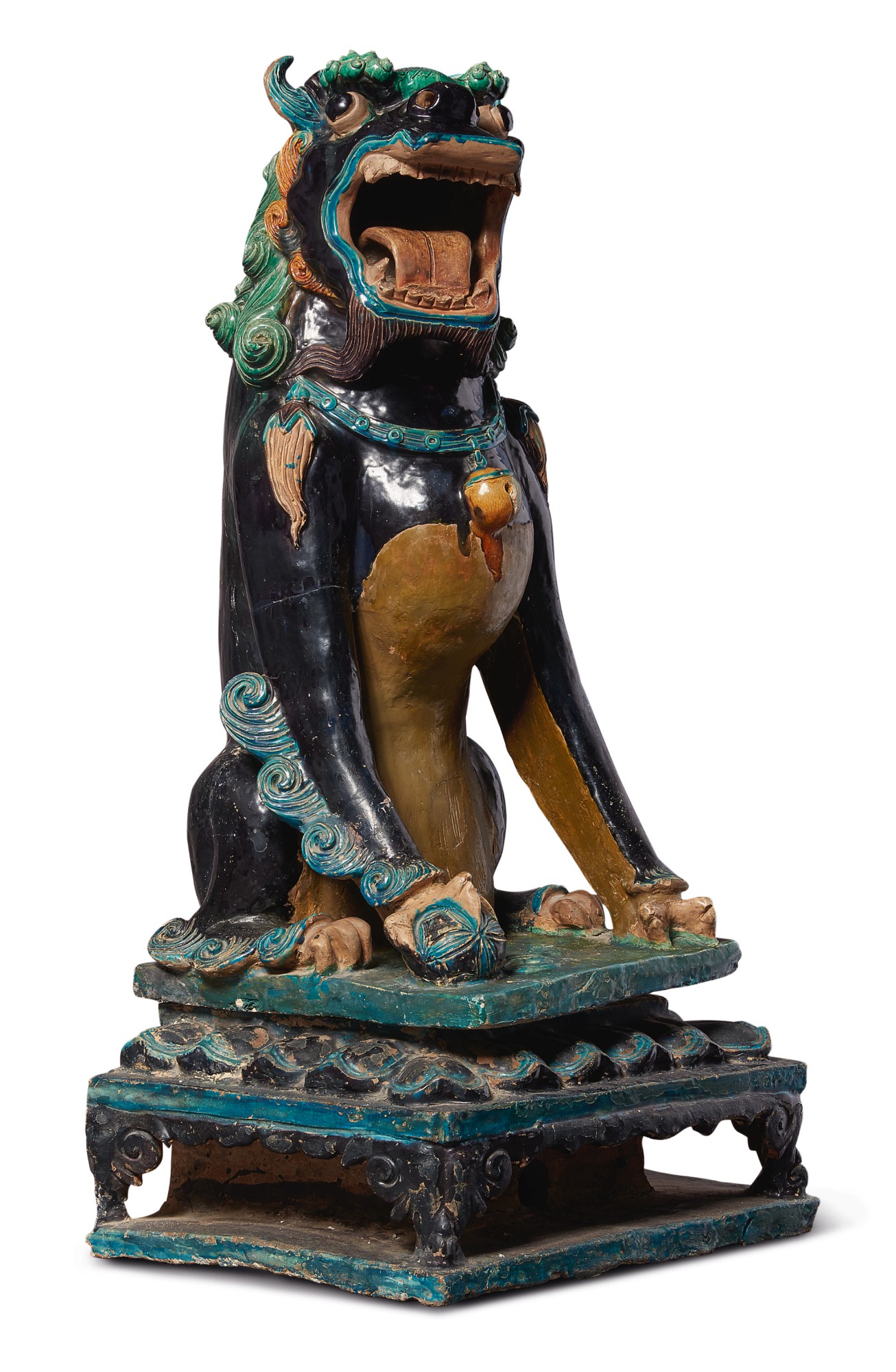 A PAIR OF MASSIVE FAHUA-GLAZED FIGURES OF SEATED LIONS, QING DYNASTY ...