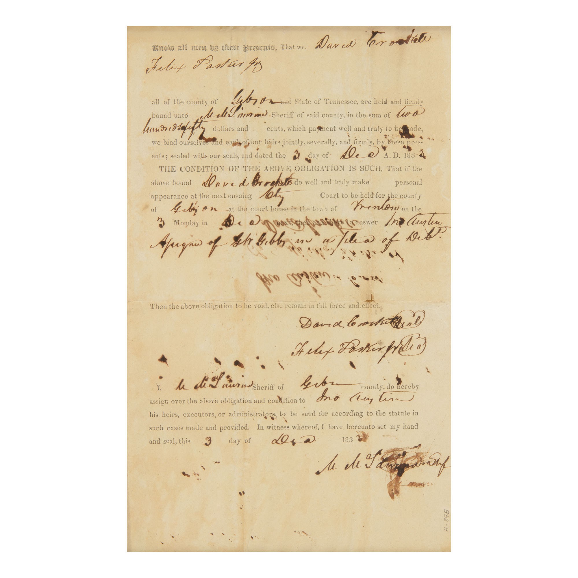 Crockett, David ("Davy") | A legal bond signed by Davy Crockett | The ...