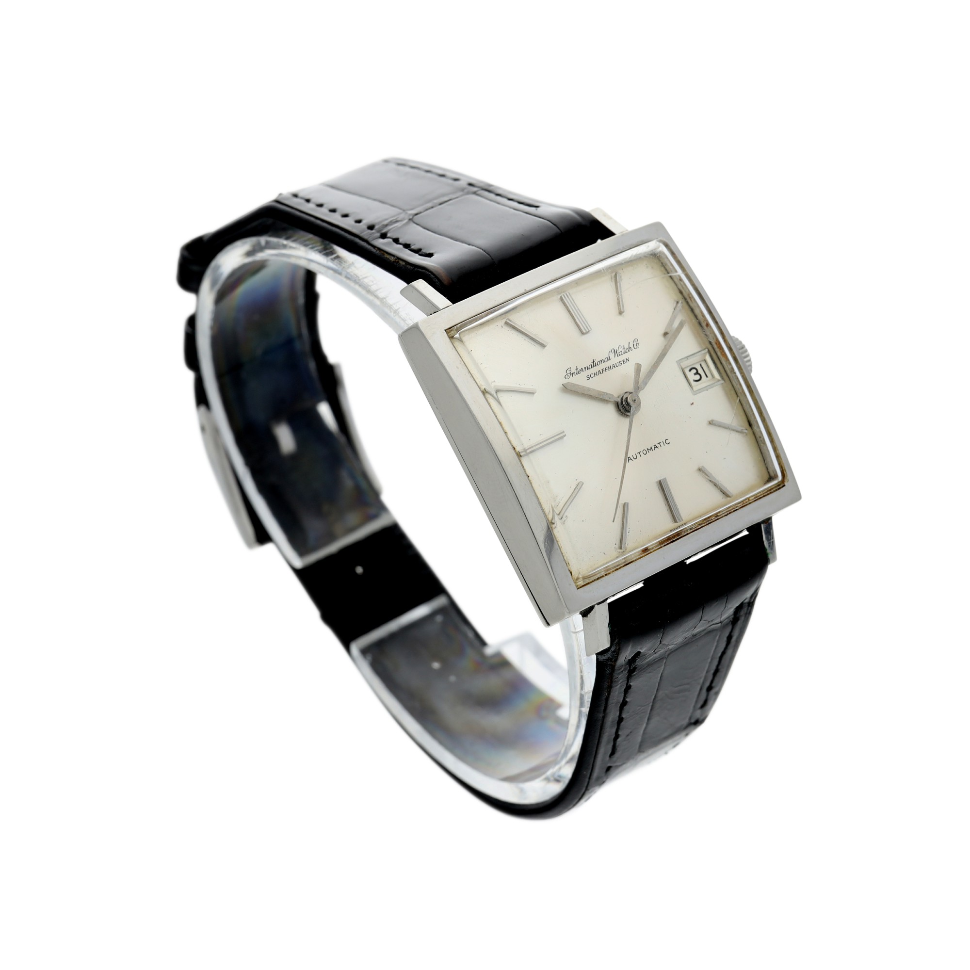 IWC | A STAINLESS STEEL SQUARE FORM AUTOMATIC WRISTWATCH WITH DATE ...