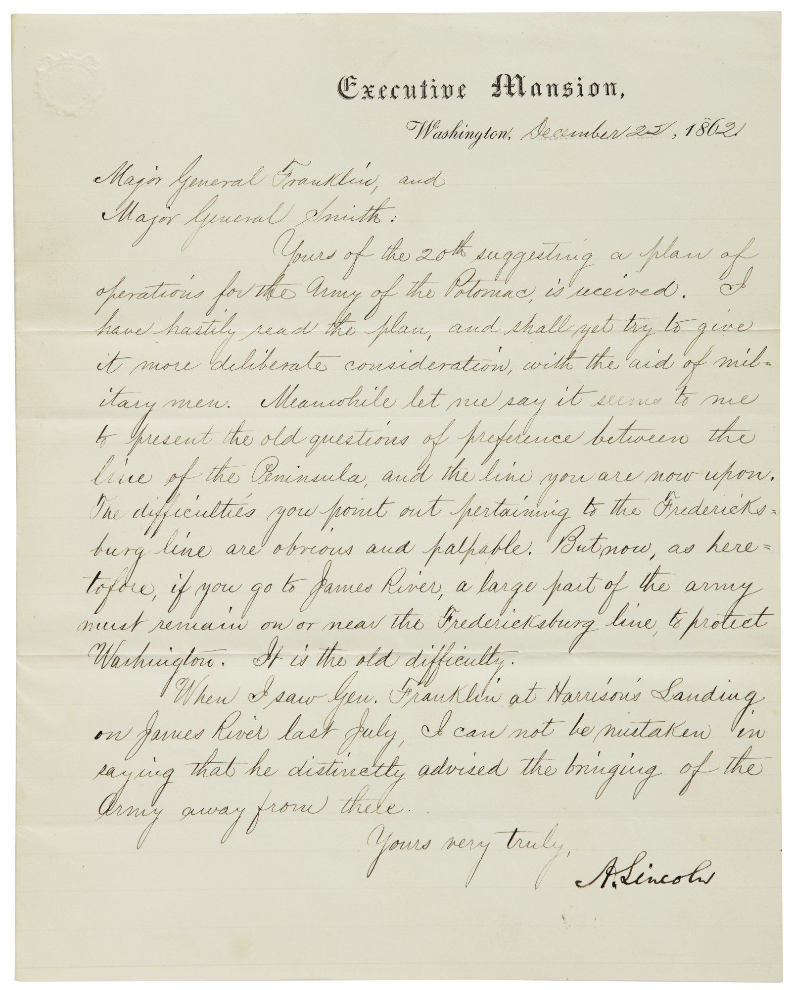 Lincoln, Abraham. Manuscript letter signed, to major generals William B ...