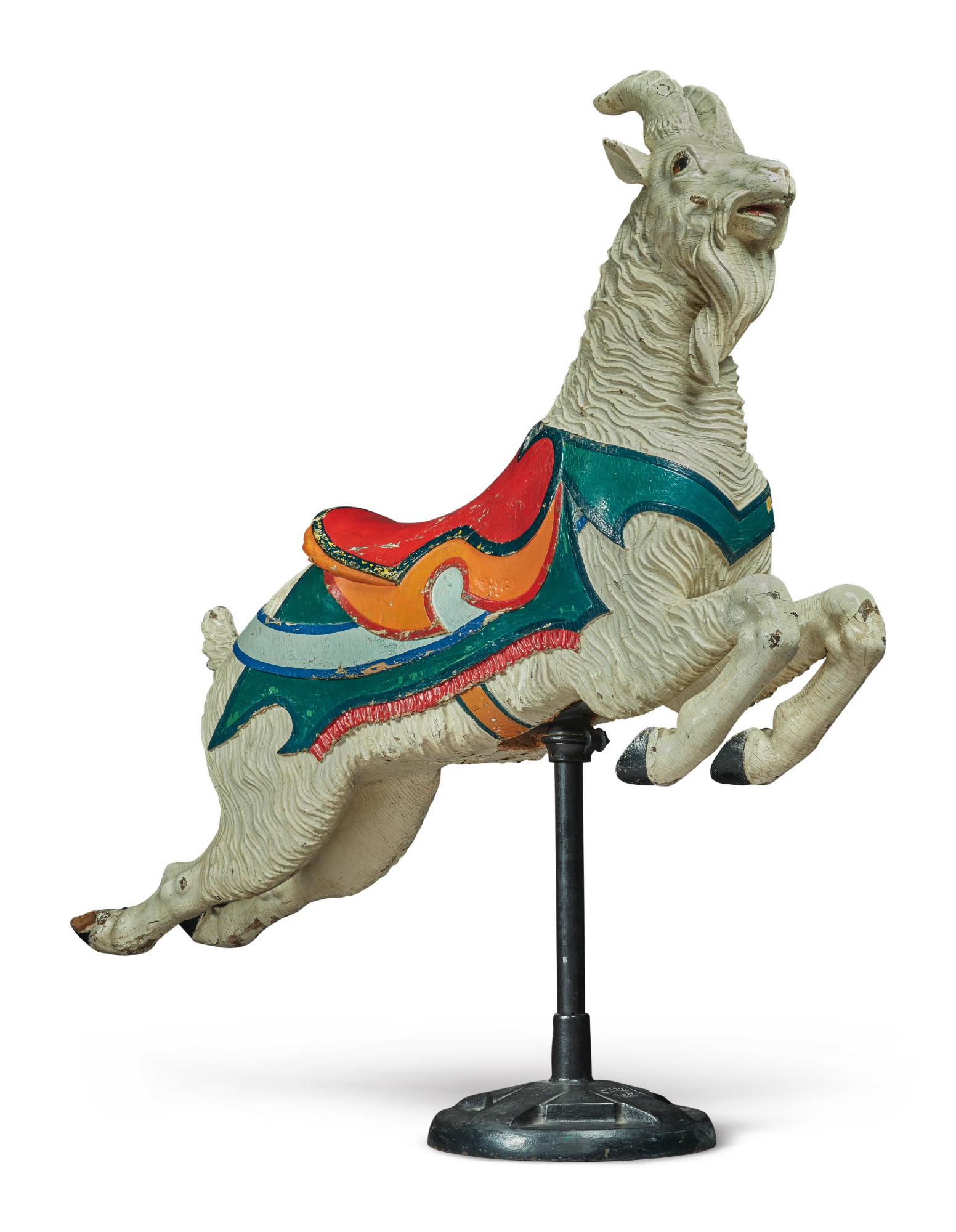 Rare Polychrome Paint-Decorated and Carved Pine Leaping Goat Carousel ...