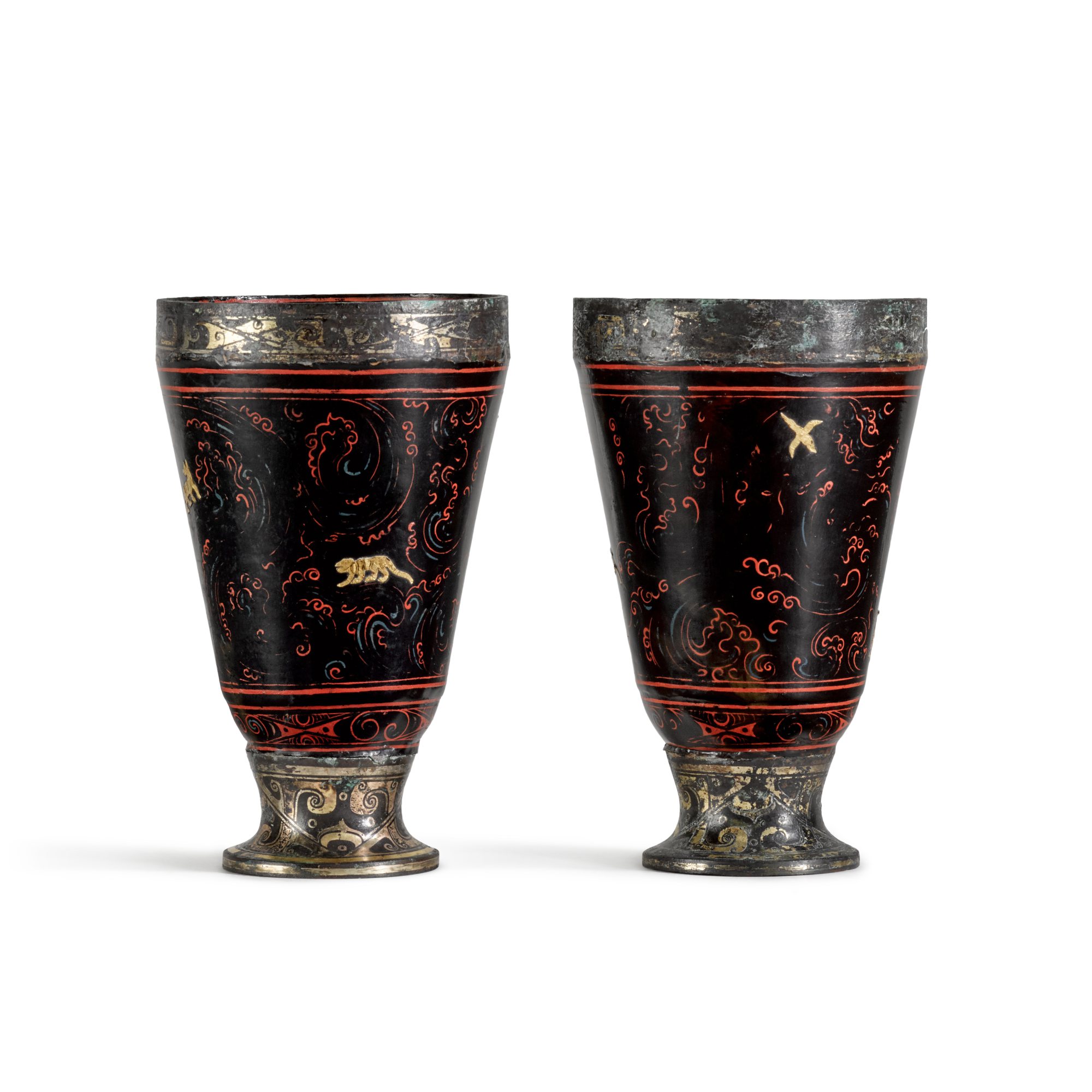 A pair of gold foil-embellished and painted-lacquer goblets with gold ...