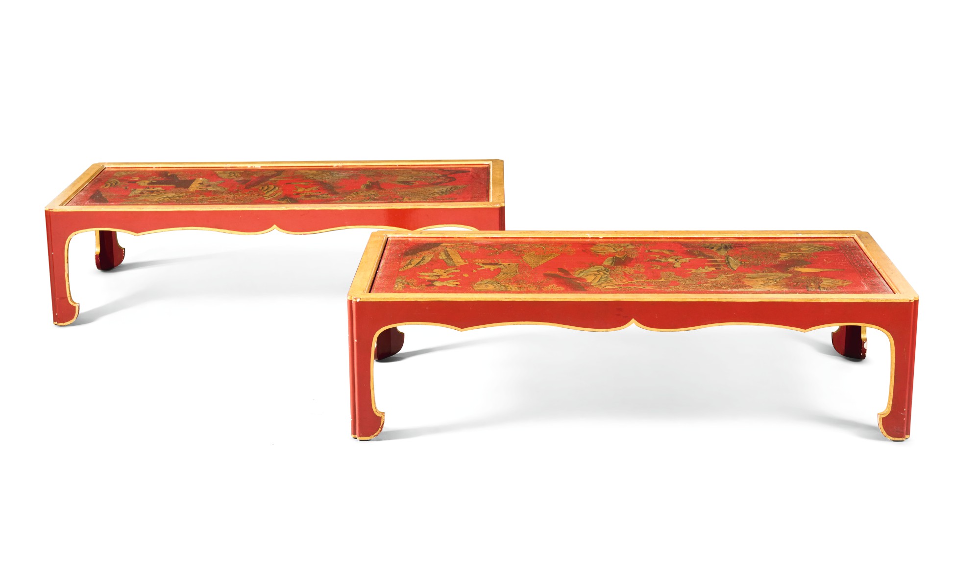 A PAIR OF CHINESE RED AND GILT LACQUER AND JAPANNED COFFEE TABLES, THE ...