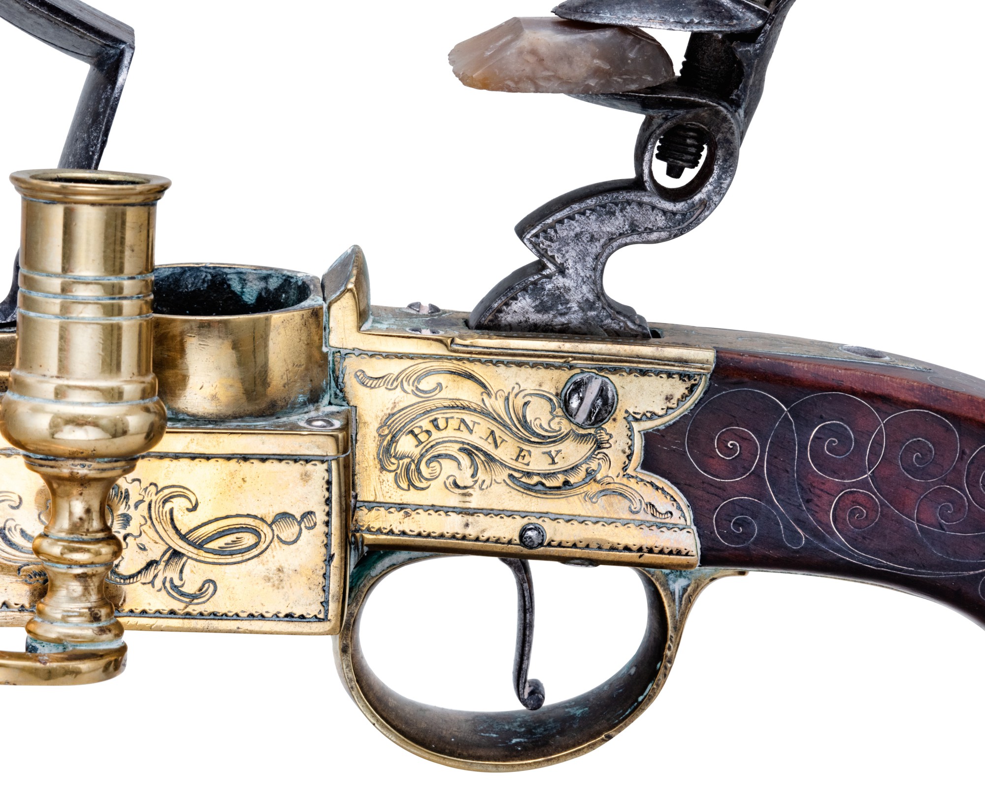 Very Fine English Wrought Iron, Engraved Brass and Silver-Inlaid ...