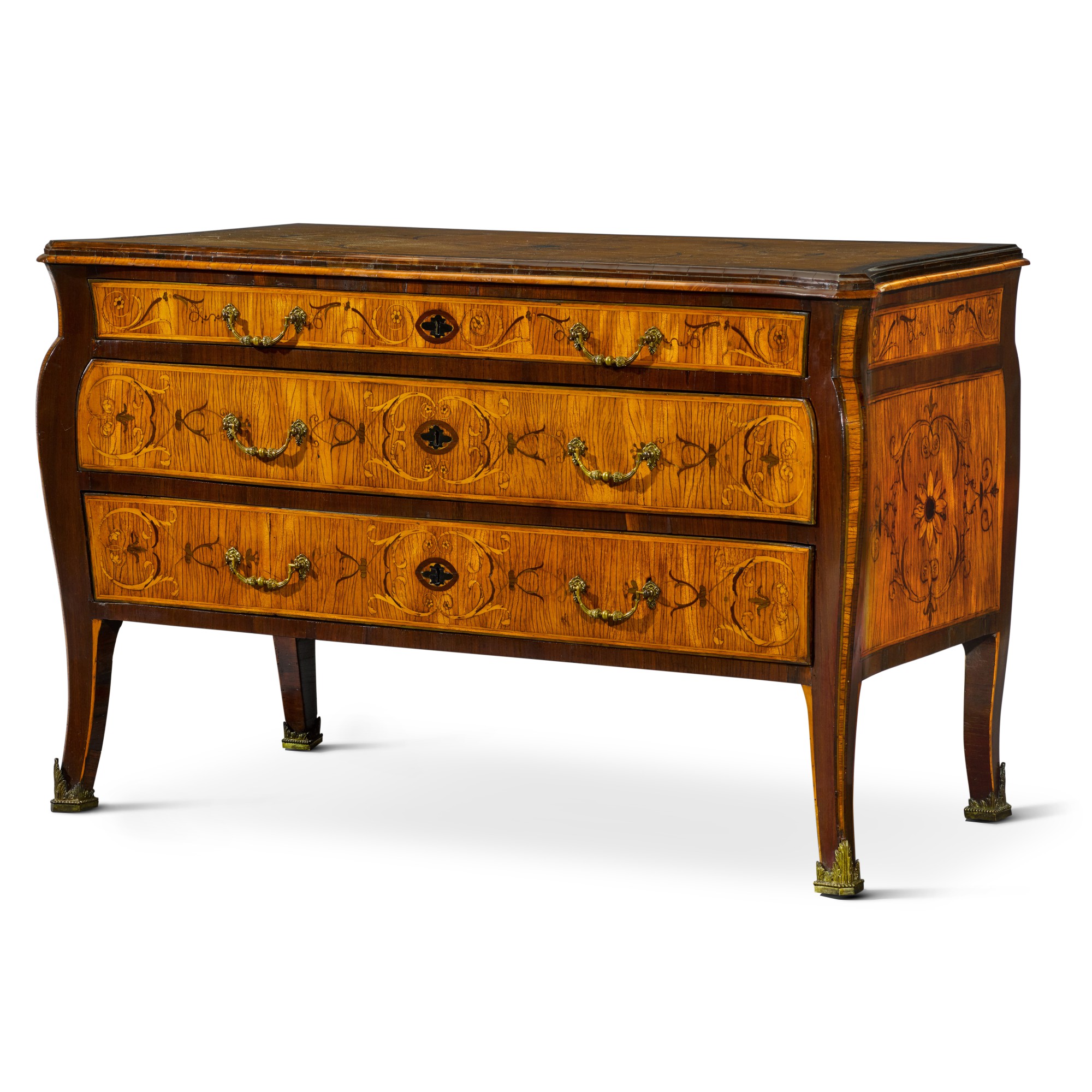 An Italian fruitwood, purpleheart and rosewood marquetry commode, Rome ...