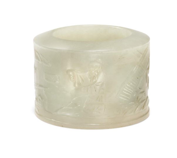 An inscribed white jade 'figural' archer's ring, Qing dynasty | 清 ...