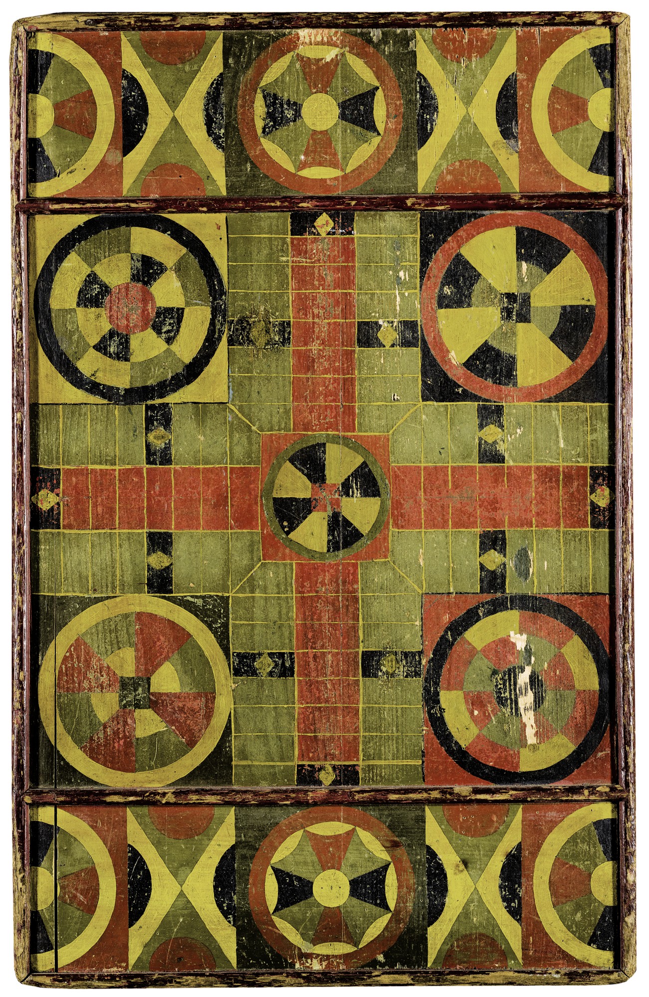 AMERICAN POLYCHROME PAINT-DECORATED WOODEN PARCHEESI GAMEBOARD, MID ...