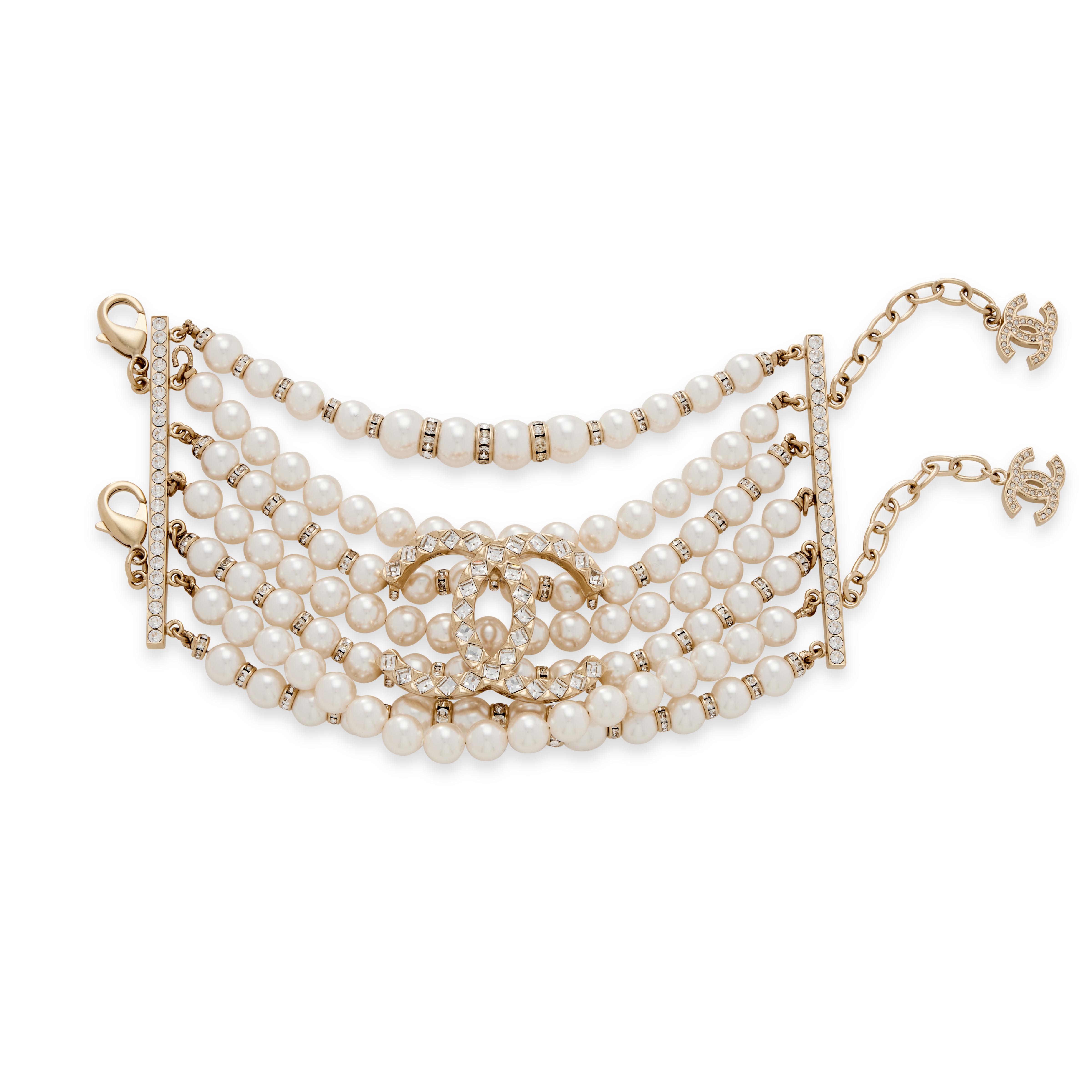 Chanel Gold Metal, Imitation Pearl And Strass CC Logo Seven Strand ...