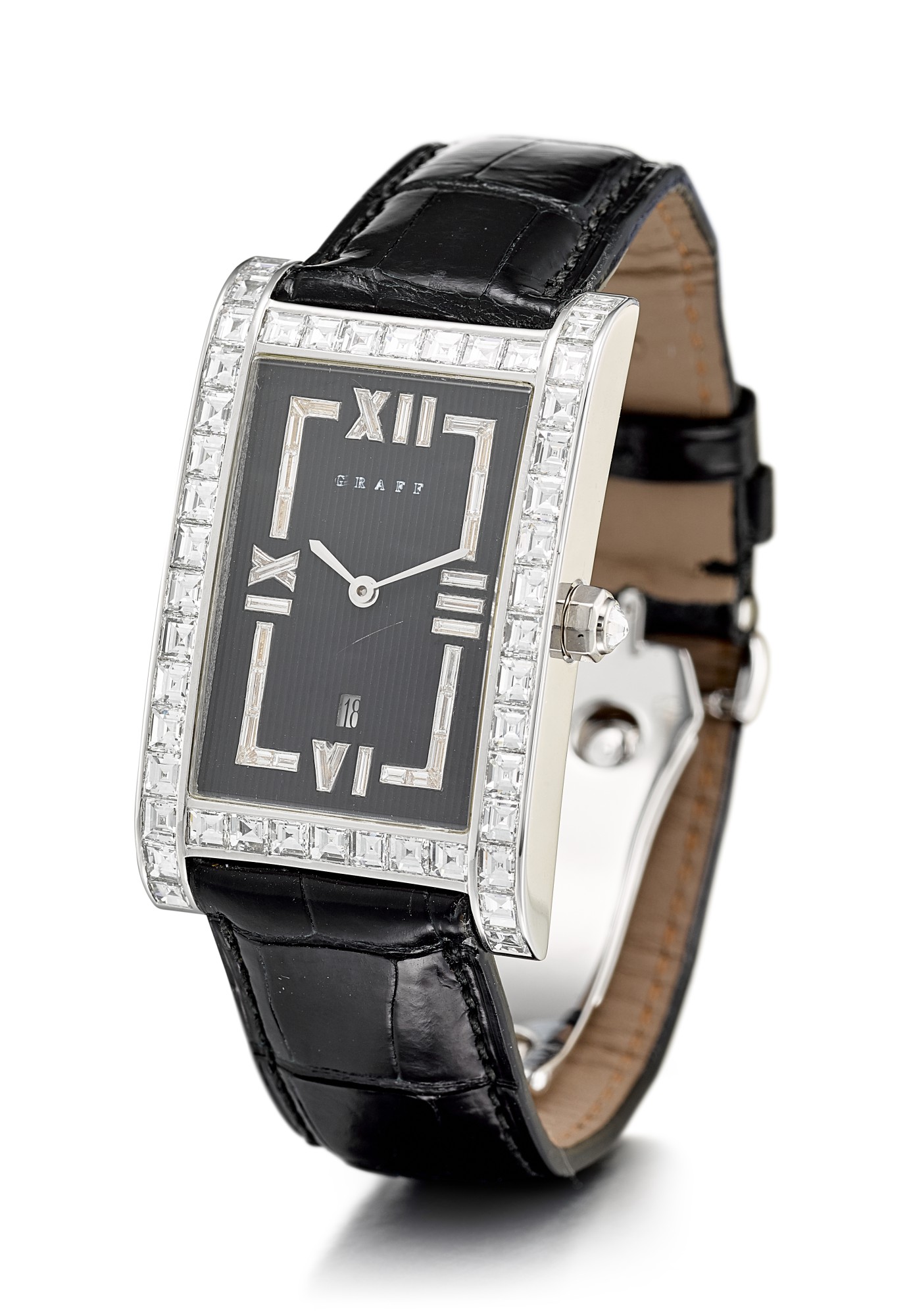 GRAFF | TANK A PLATINUM AND DIAMOND-SET WRISTWATCH WITH DATE, CIRCA ...