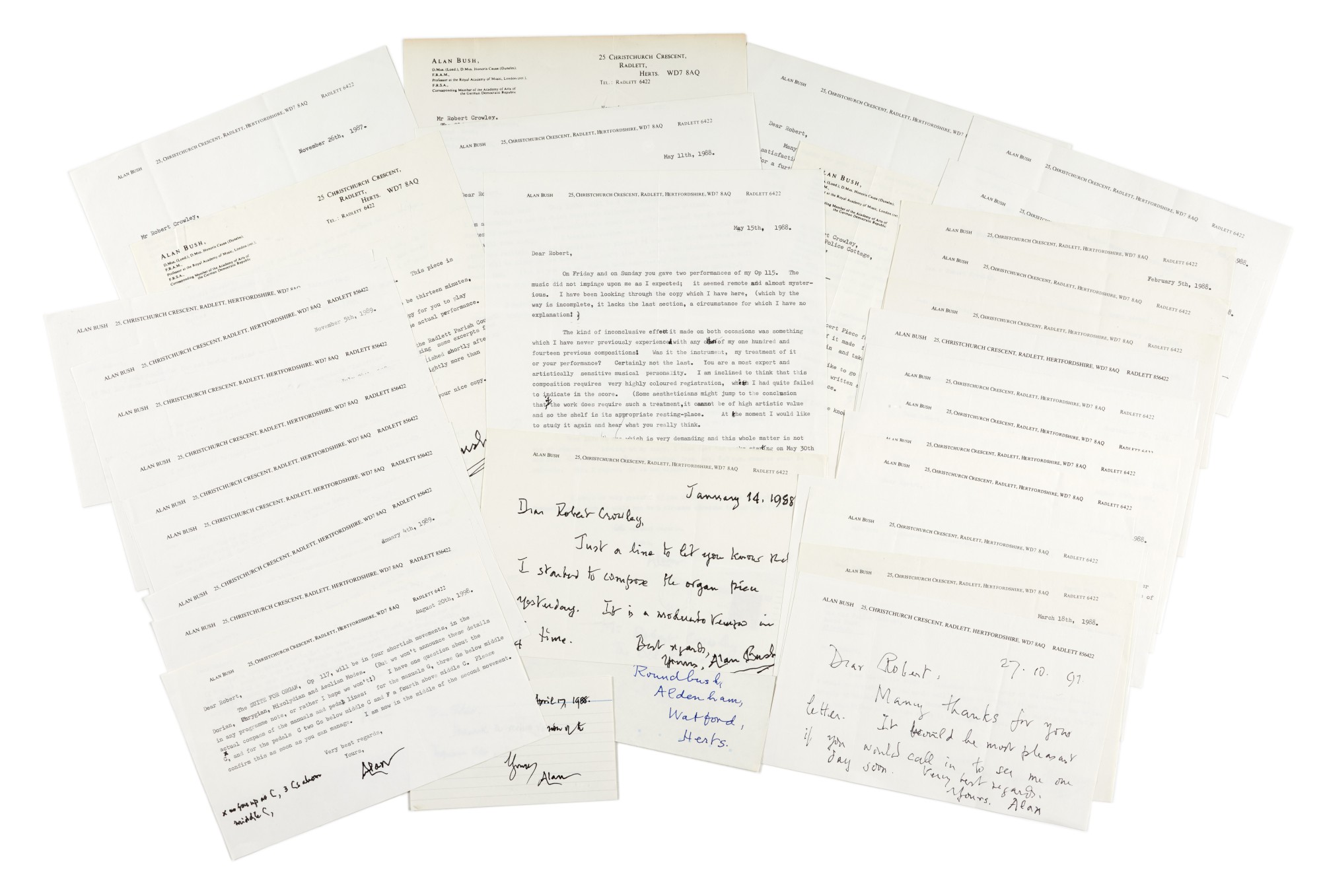 A. Bush. Series of 35 letters signed to the organist Robert Crowley ...
