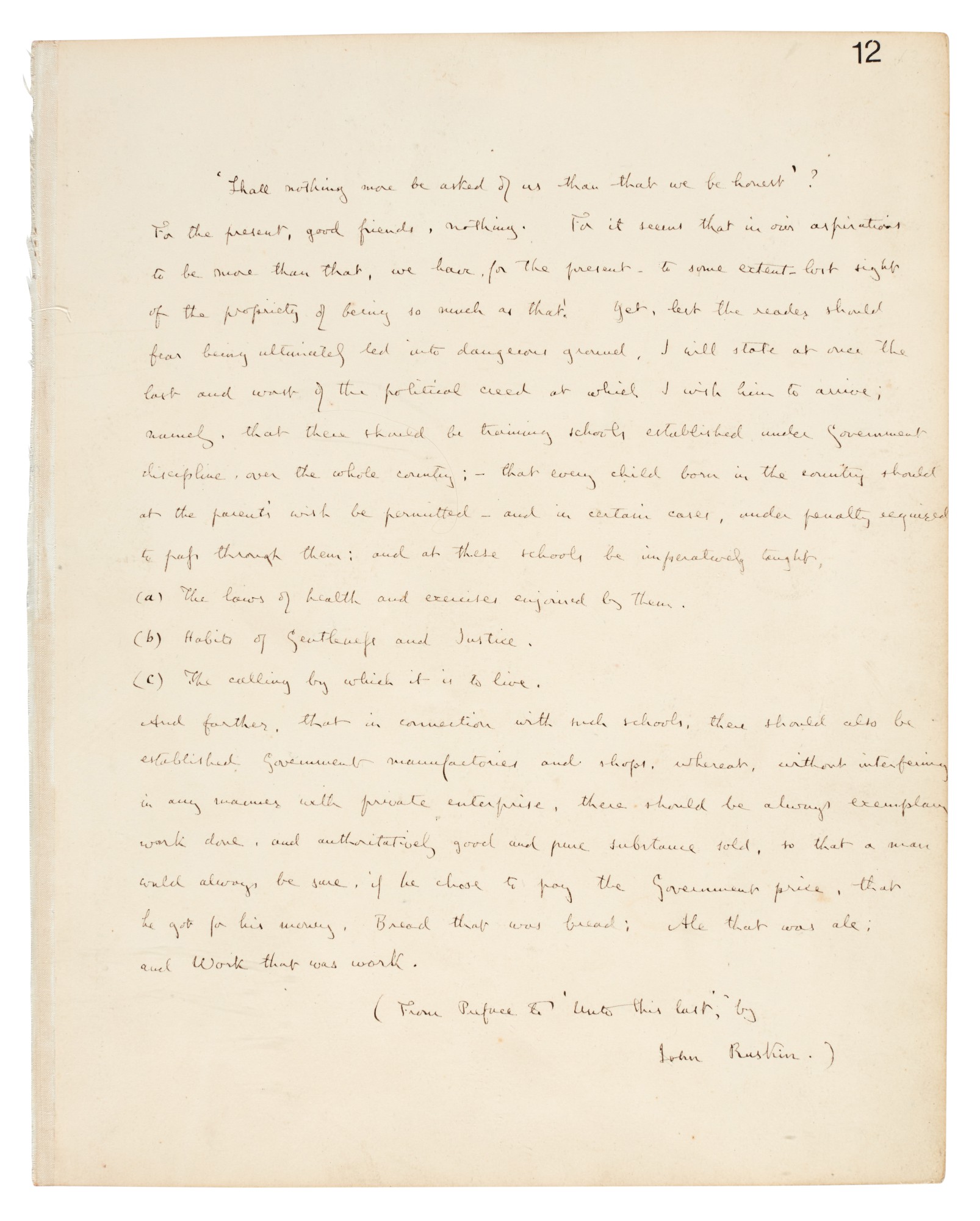 John Ruskin | Autograph manuscript, fair copy of the preface to Unto ...