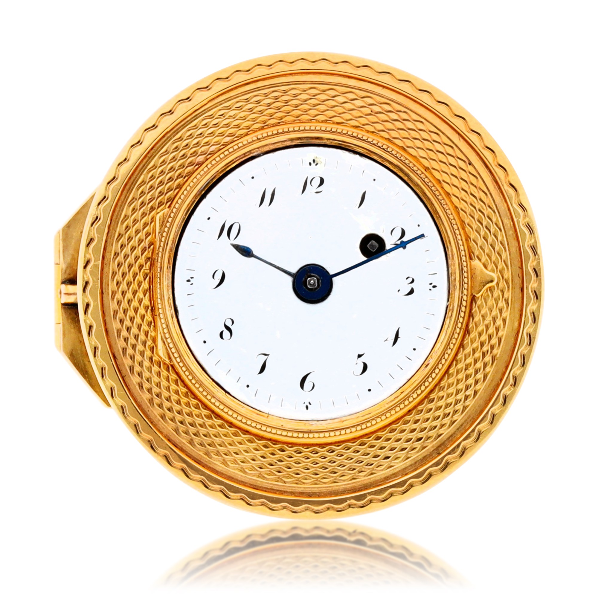 A gold and shagreen cylindrical box with inset watch Circa 1820, no ...